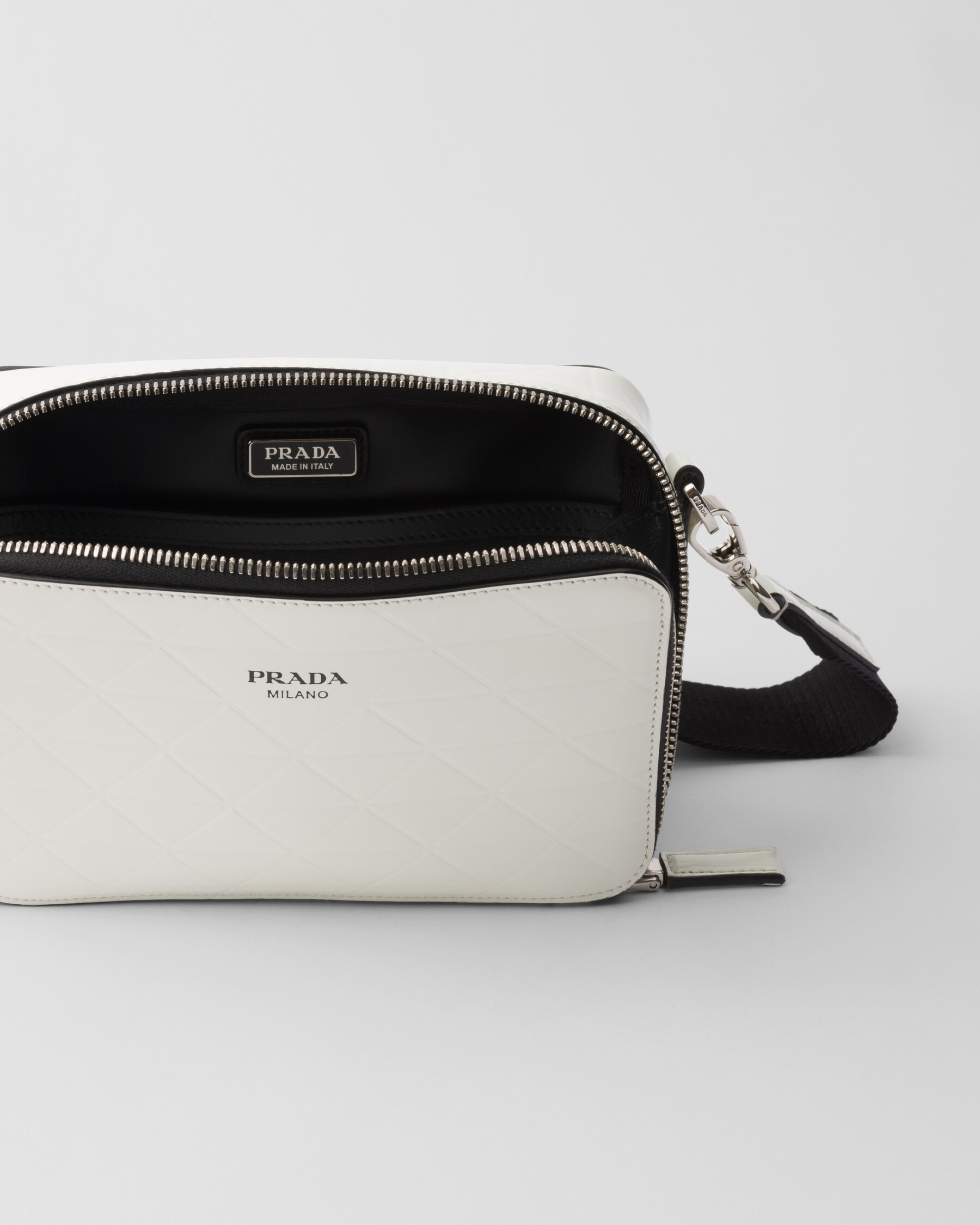 White Prada Brique Brushed Leather Bag With Triangle Motif | PRADA