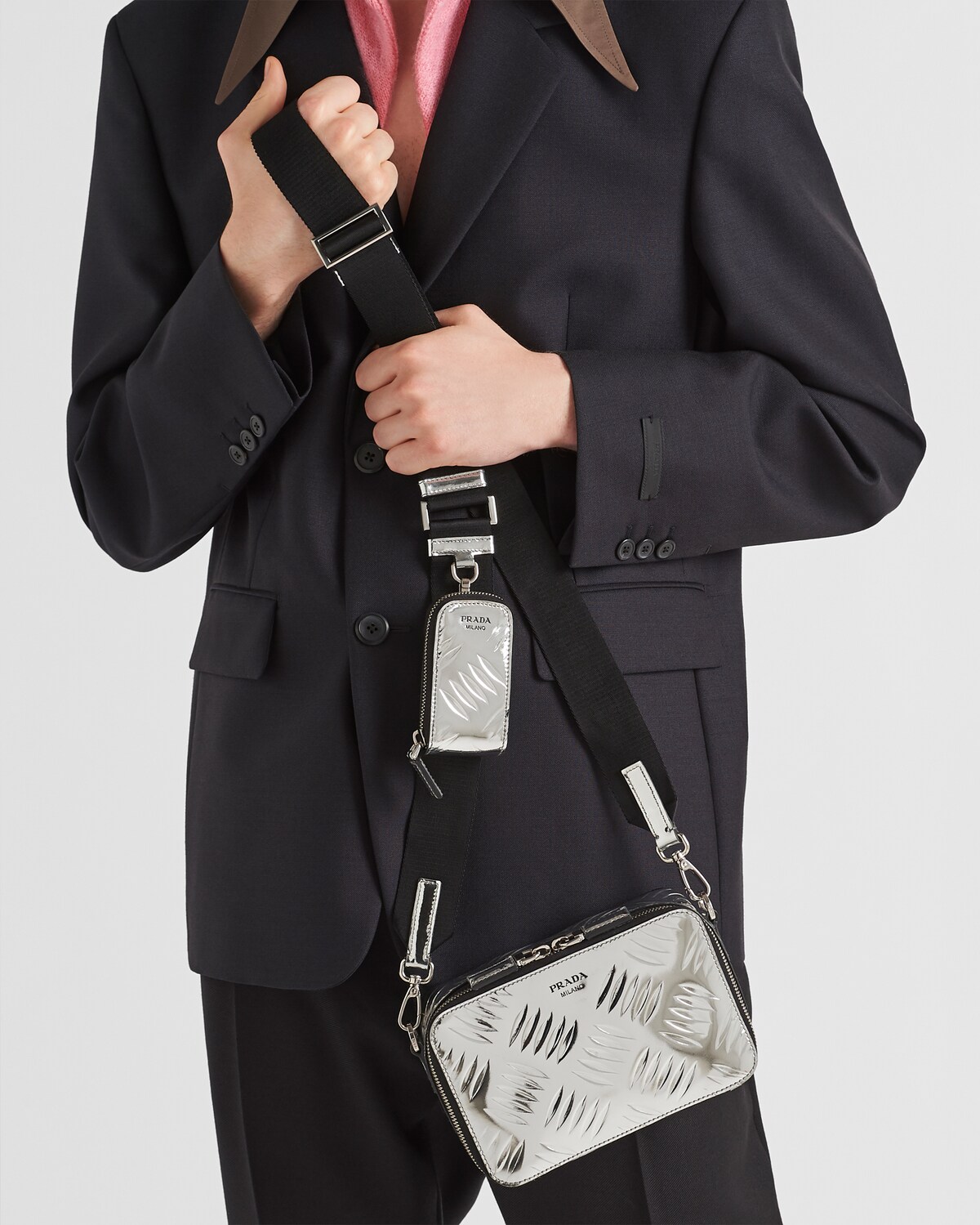 Silver Prada Brique Brushed Leather Bag With Embossed Motif | PRADA