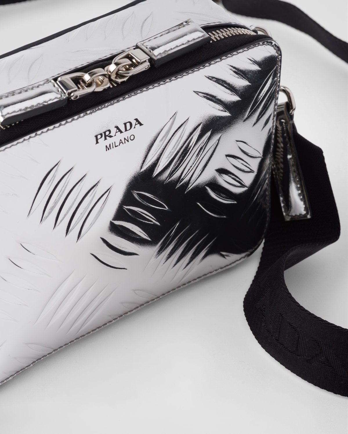 Silver Prada Brique Brushed Leather Bag With Embossed Motif | PRADA