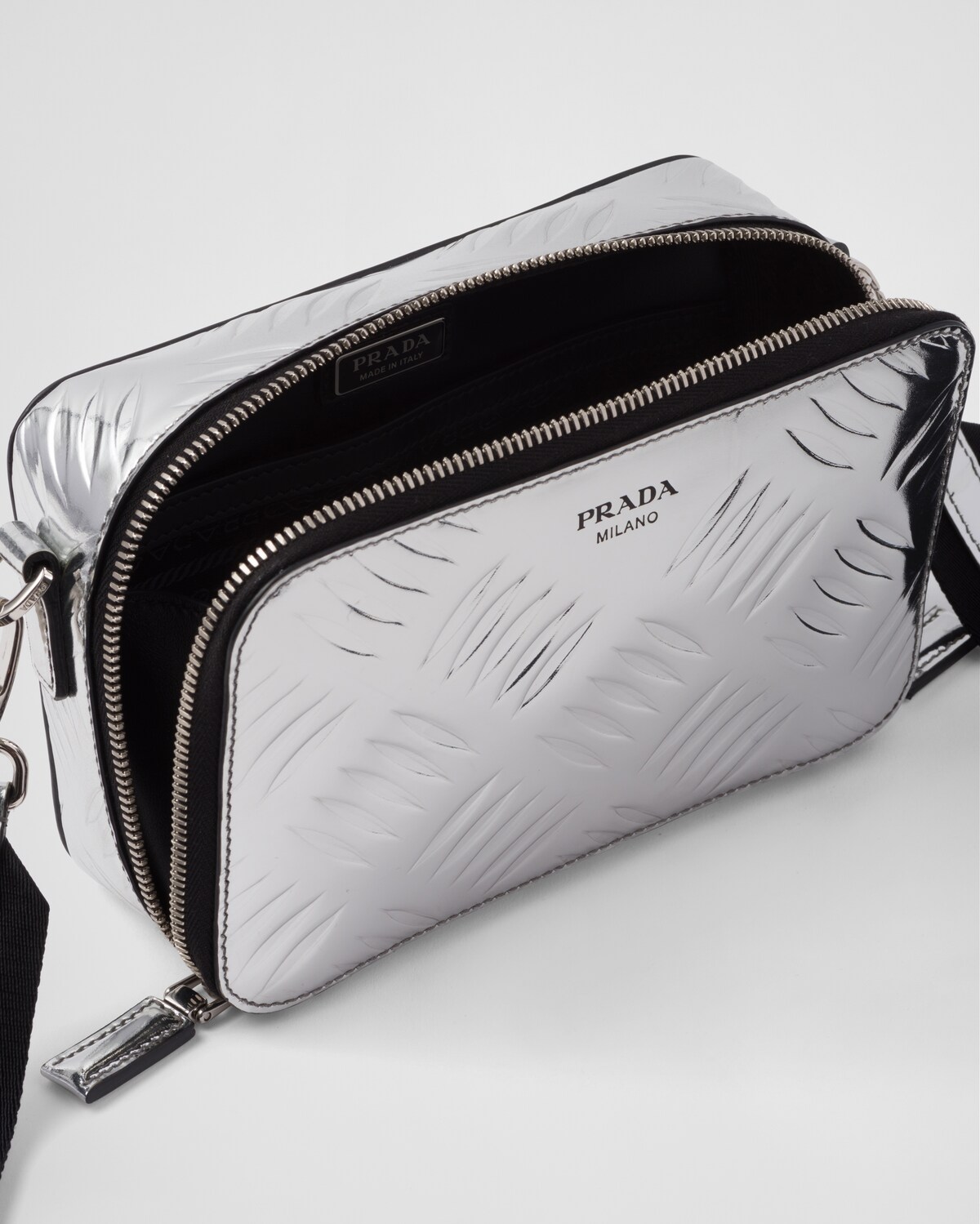 Silver Prada Brique Brushed Leather Bag With Embossed Motif | PRADA