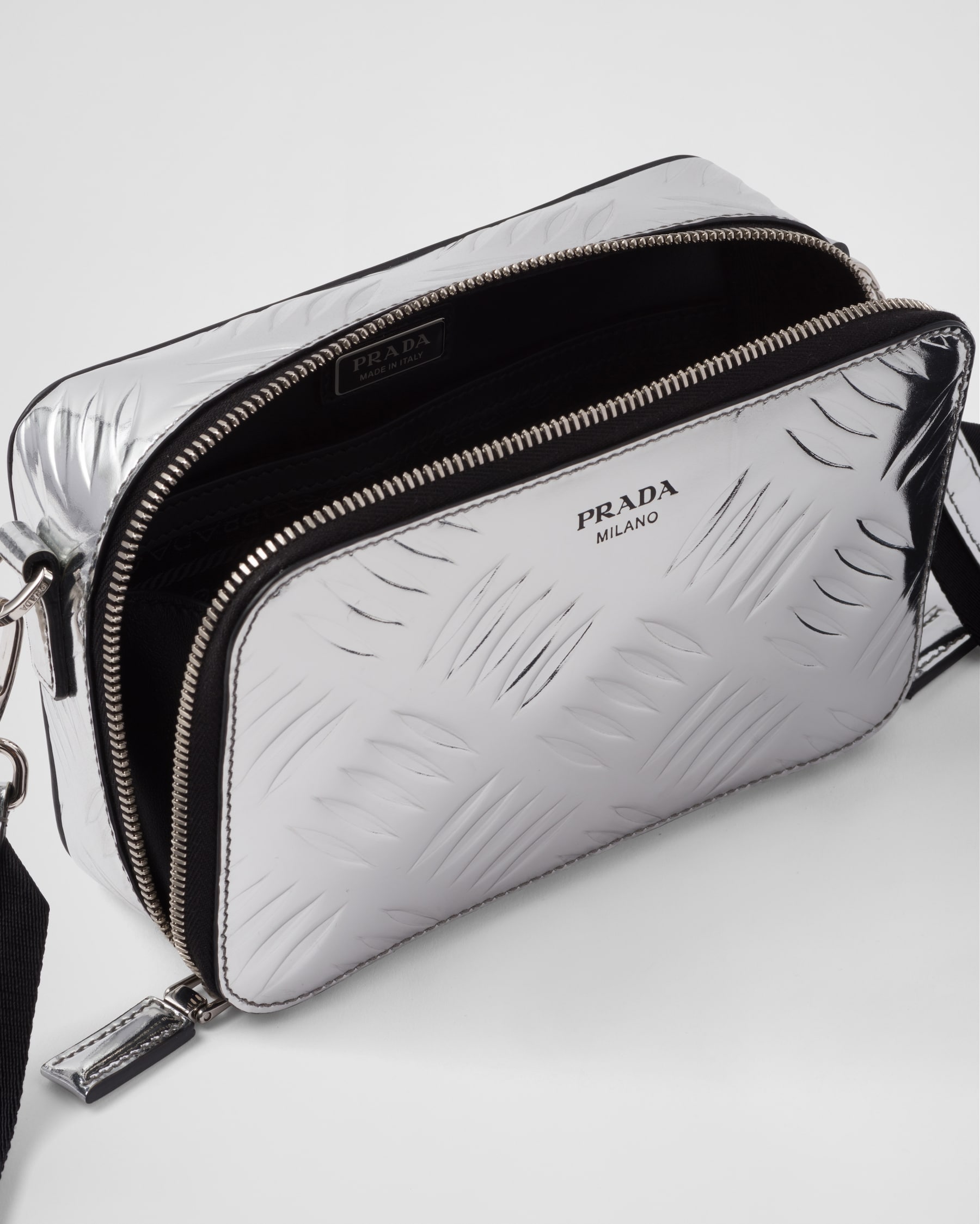 Silver Prada Brique Brushed Leather Bag With Embossed Motif | PRADA