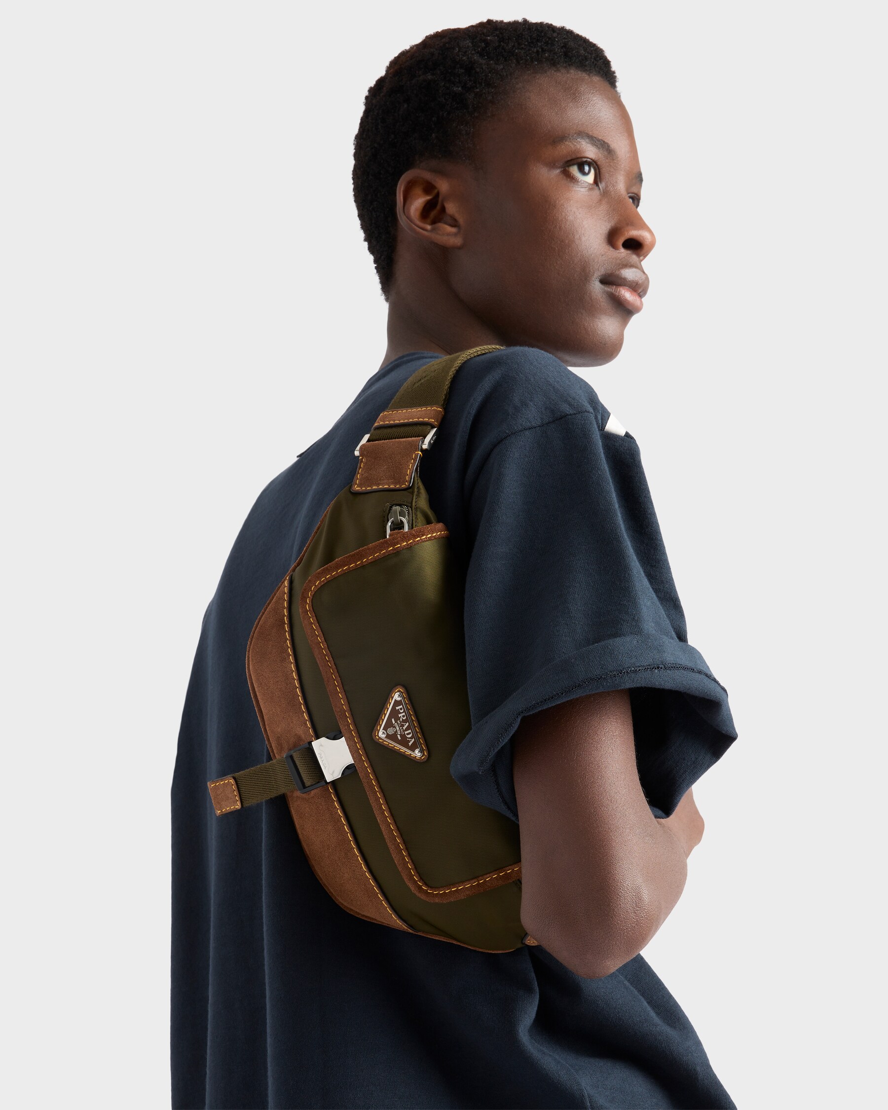 Musk Green/cocoa Re-nylon And Suede Belt Bag | PRADA