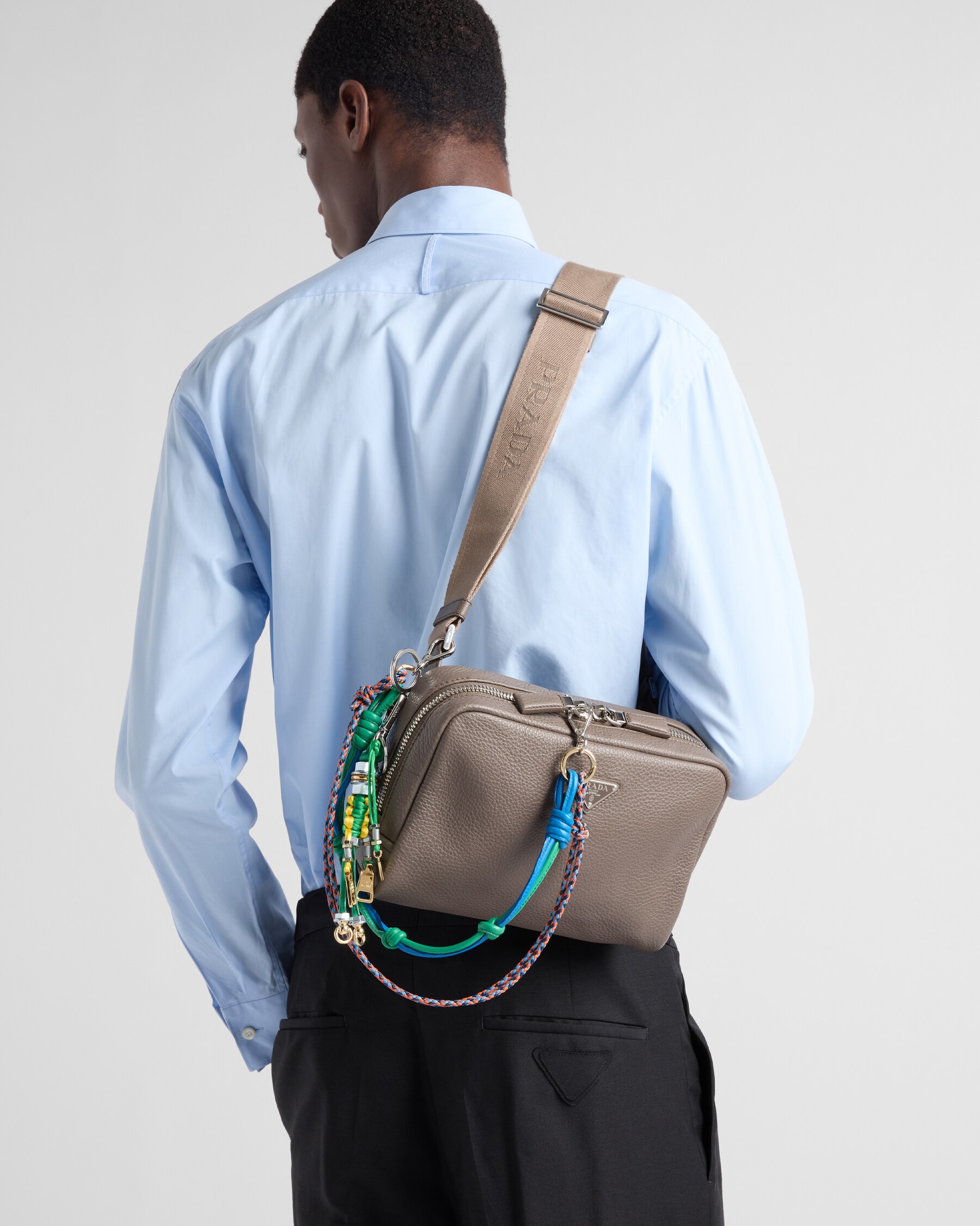 Bamboo Gray Leather Shoulder Bag With Charm | PRADA