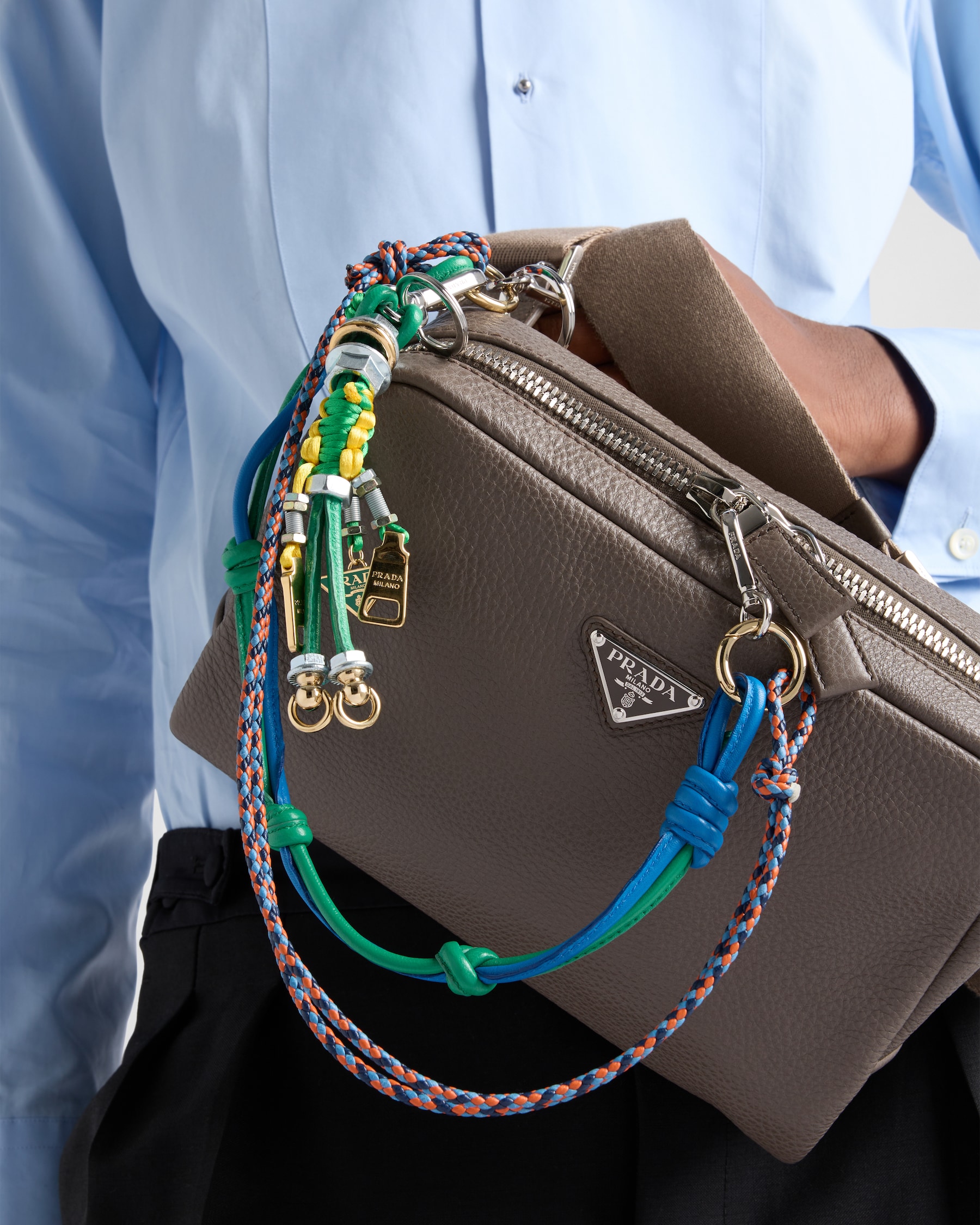 Bamboo Gray Leather Shoulder Bag With Charm | PRADA