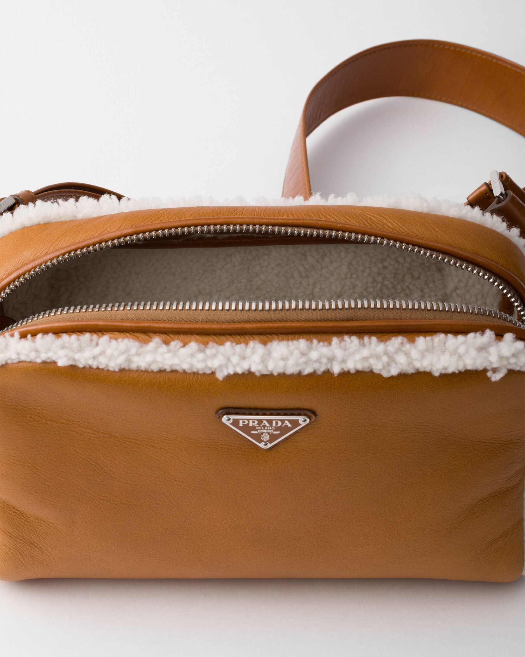 Cognac/natural Shearling Shoulder Bag | PRADA