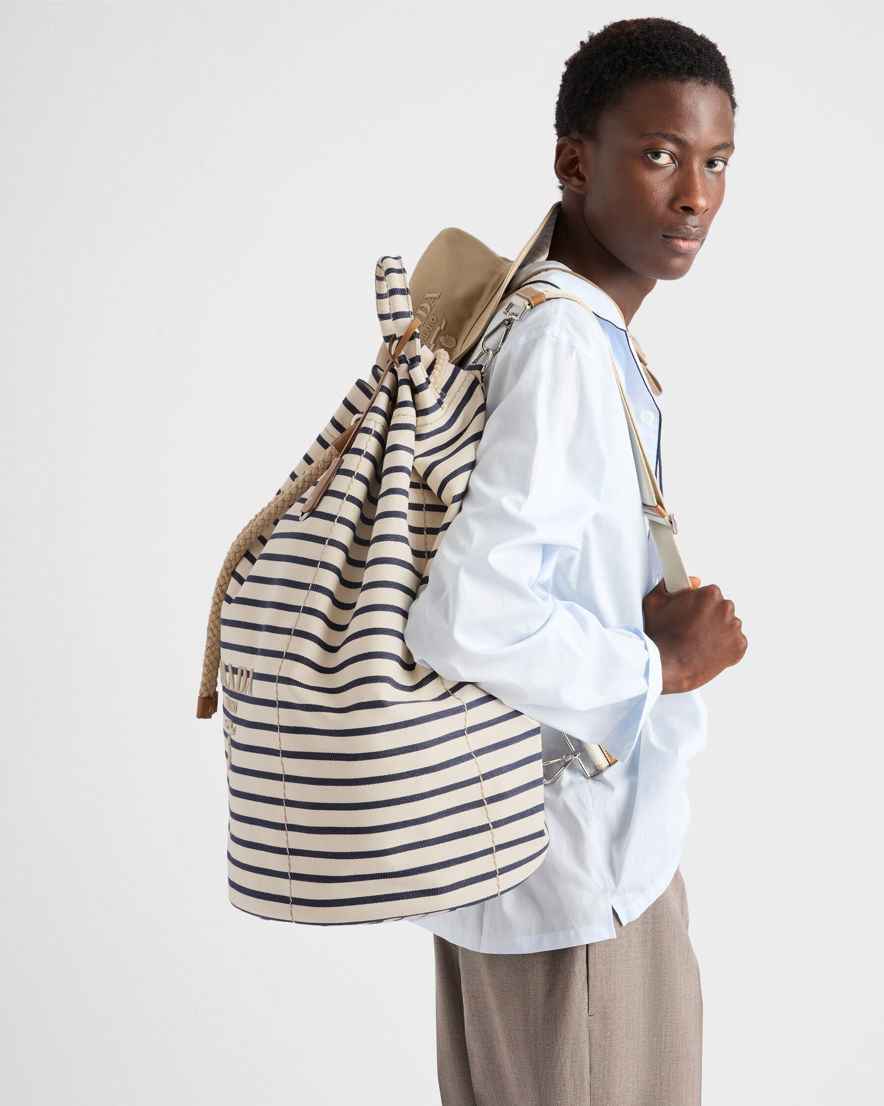 Ivory/blue Striped Canvas Drawstring Duffel Bag | PRADA