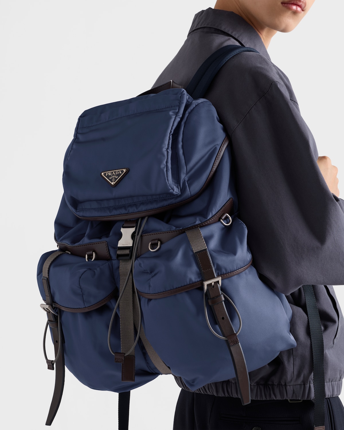 Aviation Blue Re-nylon And Leather Backpack | PRADA - United Kingdom
