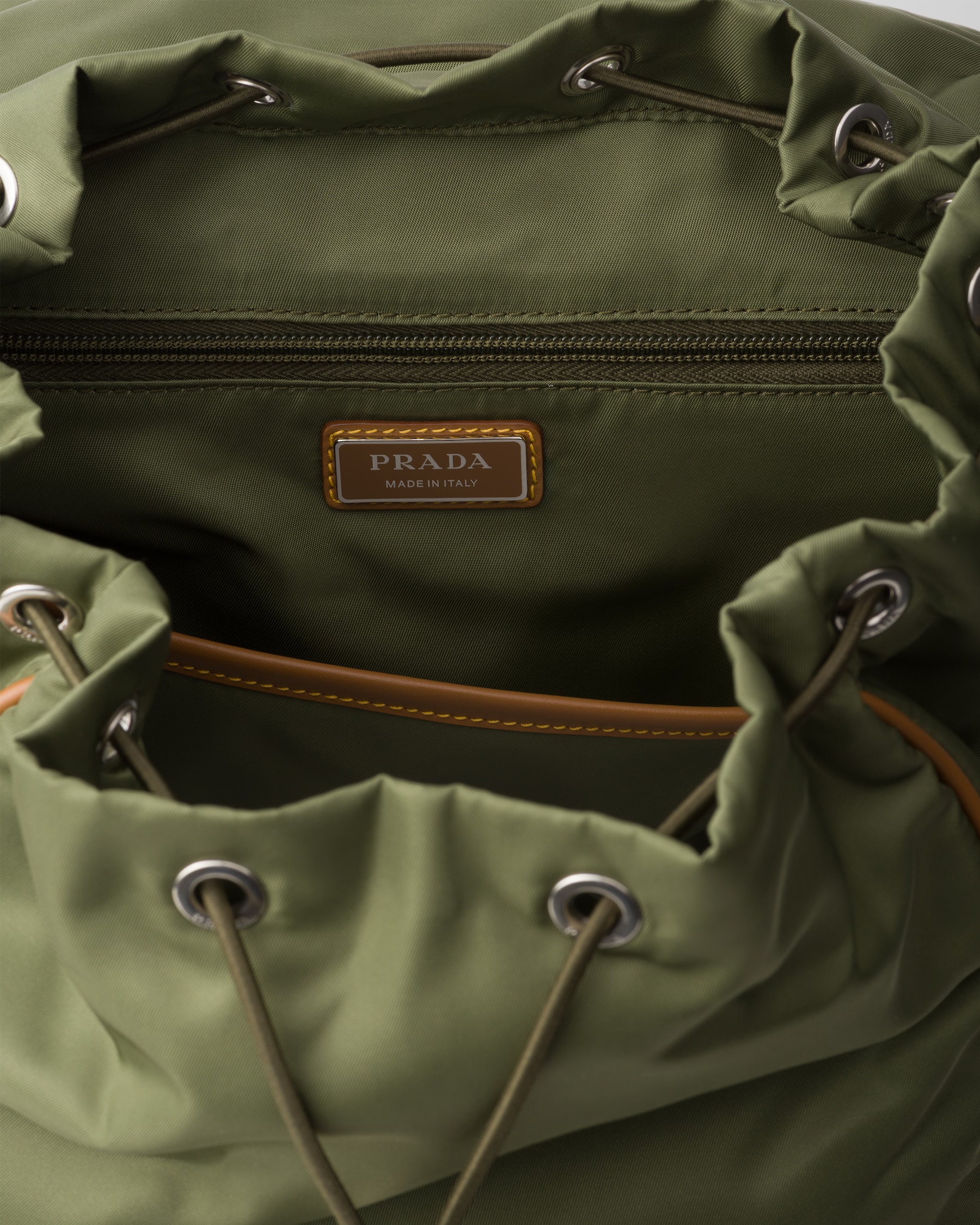 Military/caramel Re-nylon And Leather Backpack | PRADA