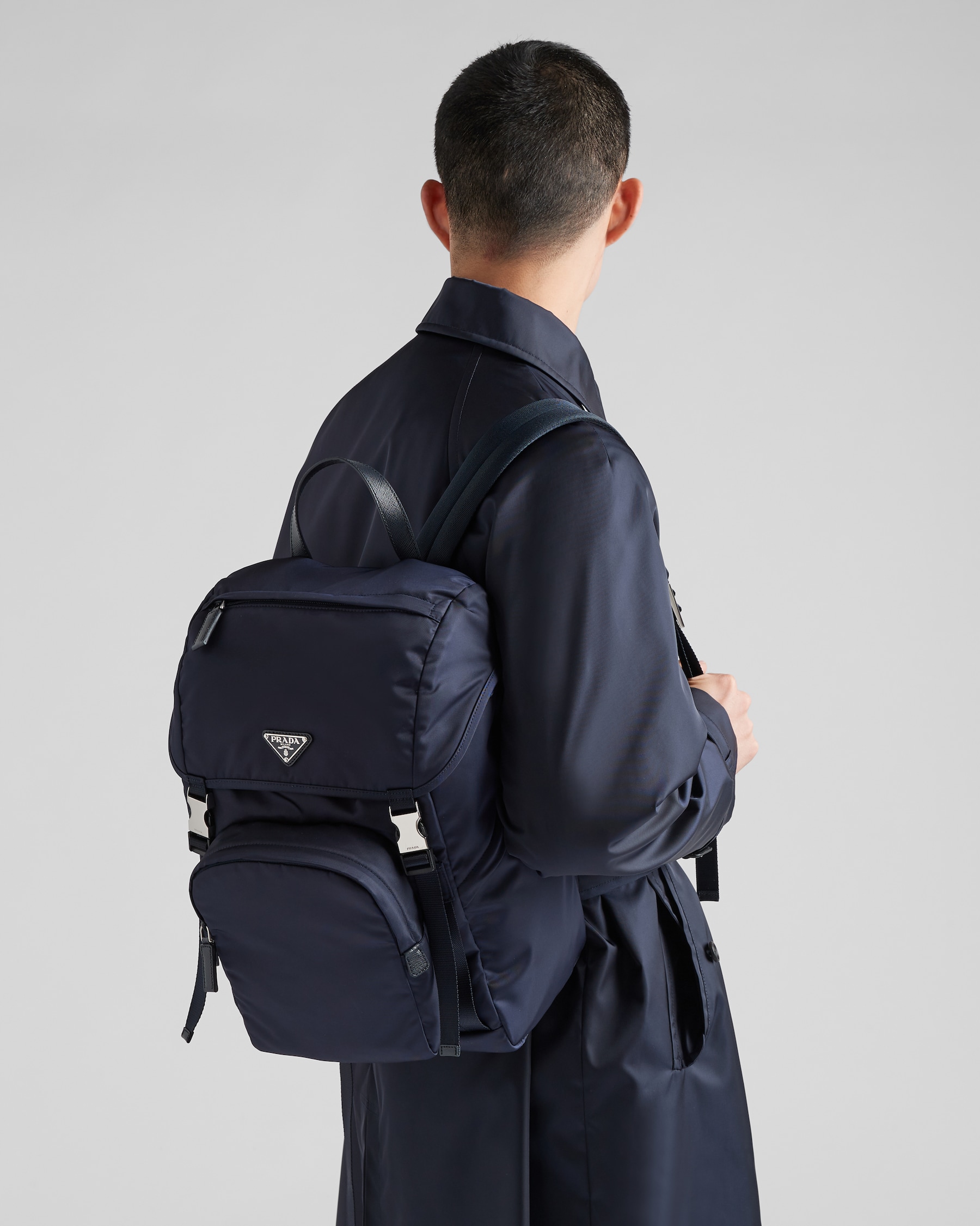 Navy Re-nylon And Saffiano Leather Backpack | PRADA
