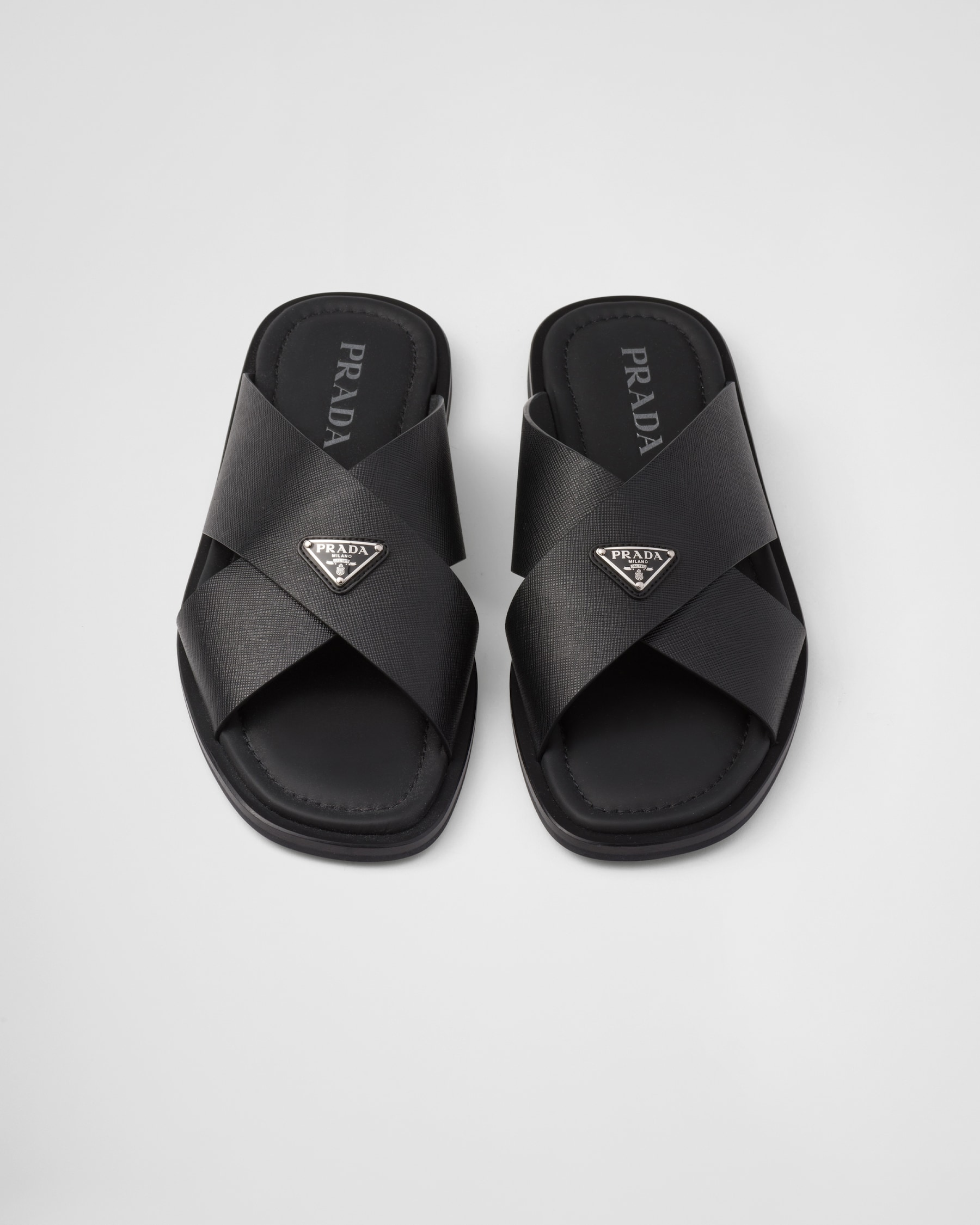 Black Crisscross Saffiano Leather Sandals | PRADA