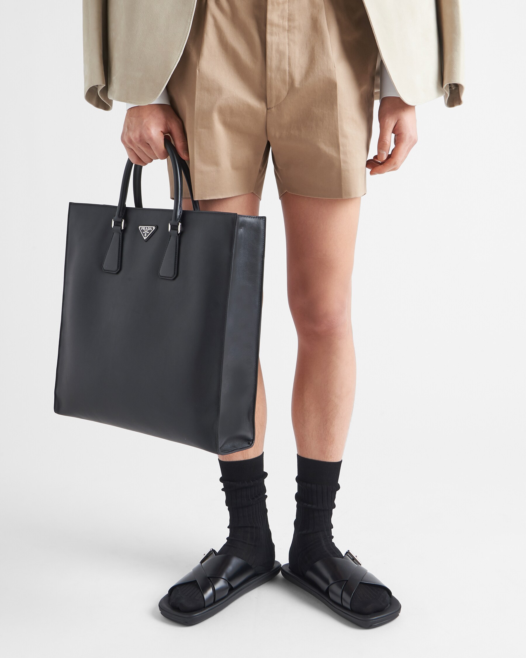 Black Brushed Leather Slides | PRADA