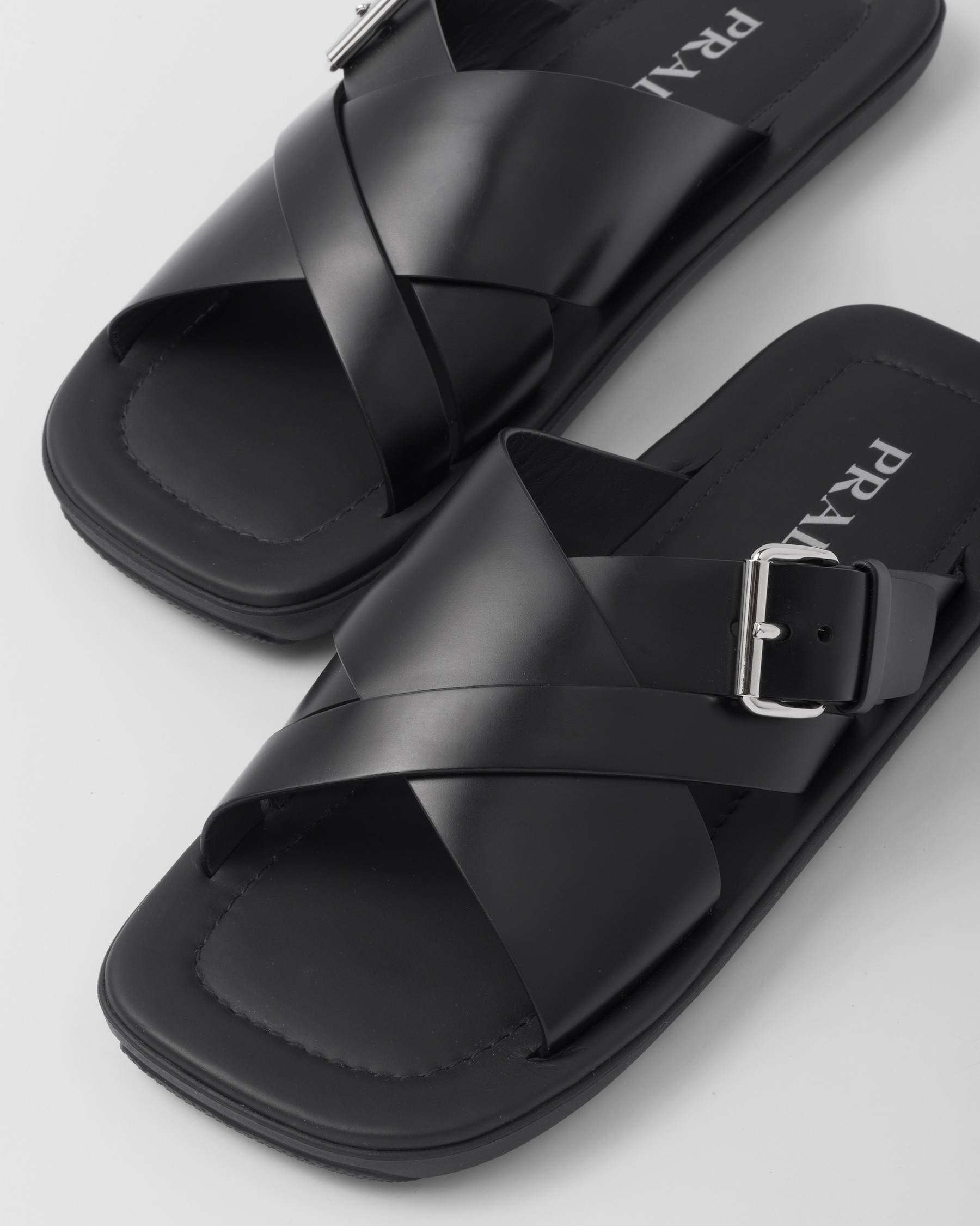 Black Brushed Leather Slides | PRADA