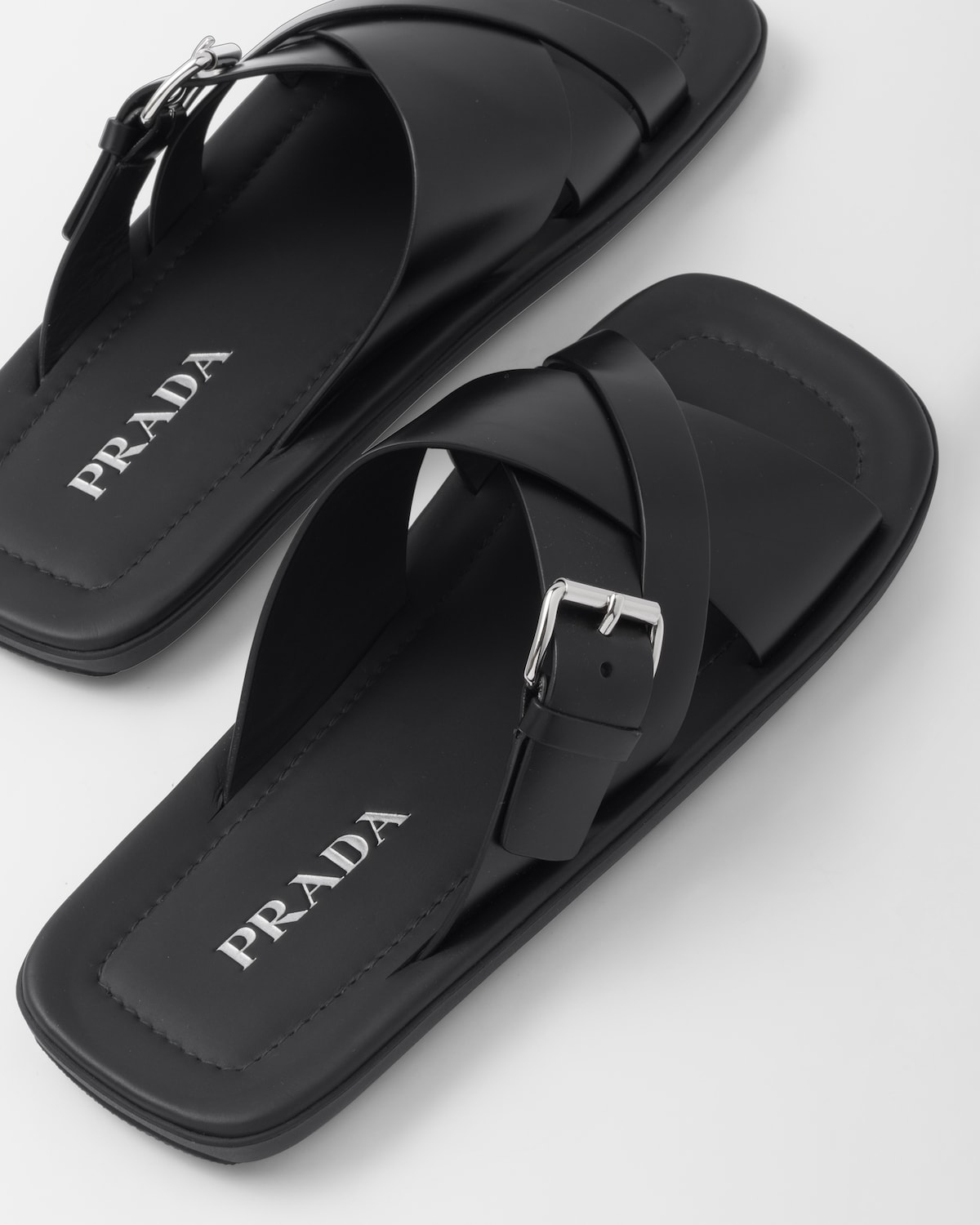 Black Brushed Leather Slides | PRADA