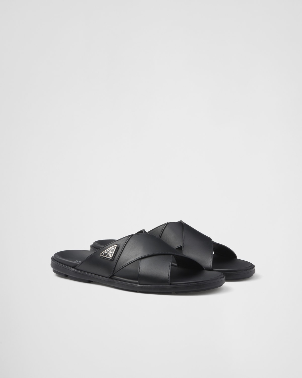 Black Leather Crisscross Slides | PRADA