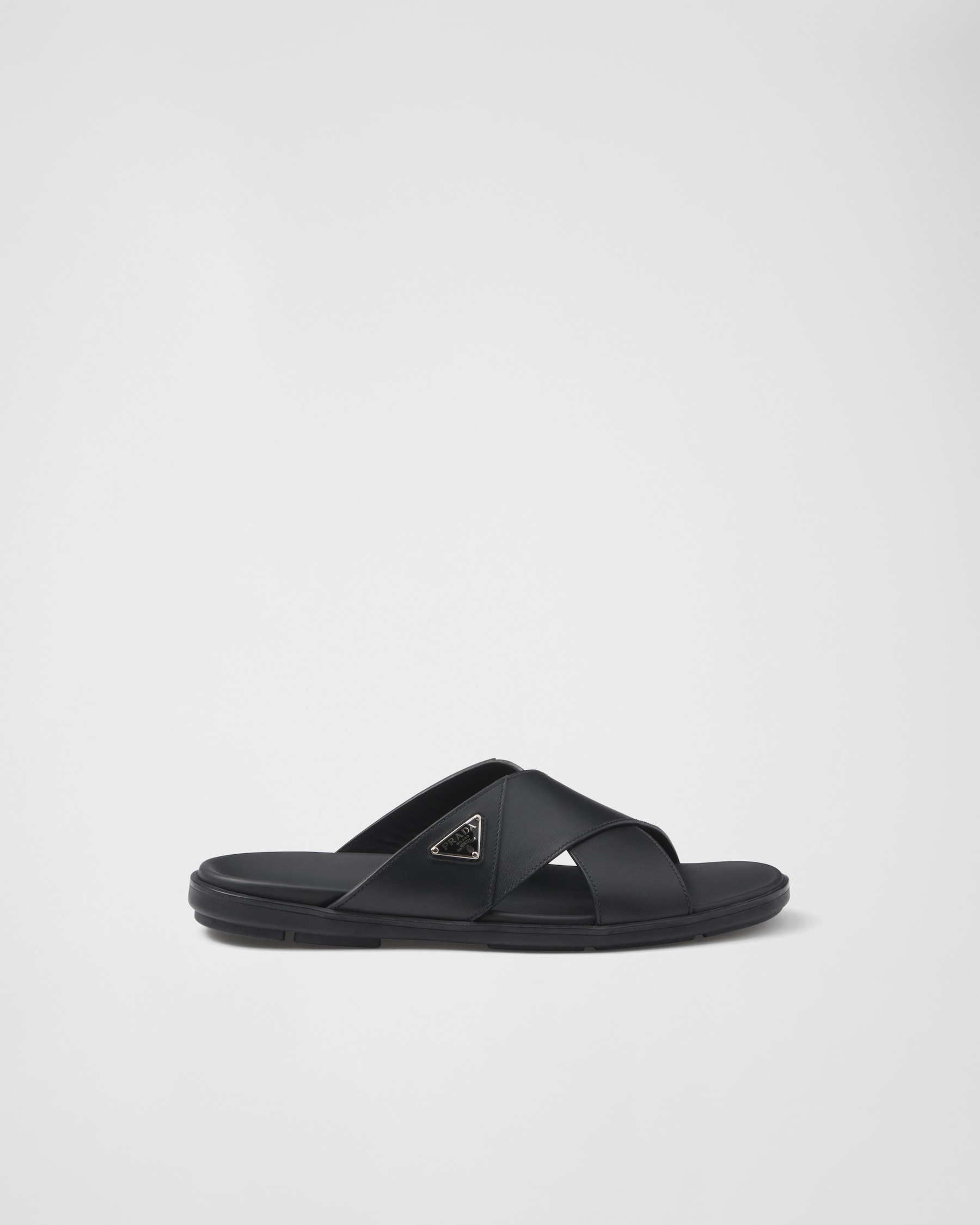 Black Leather Crisscross Slides | PRADA