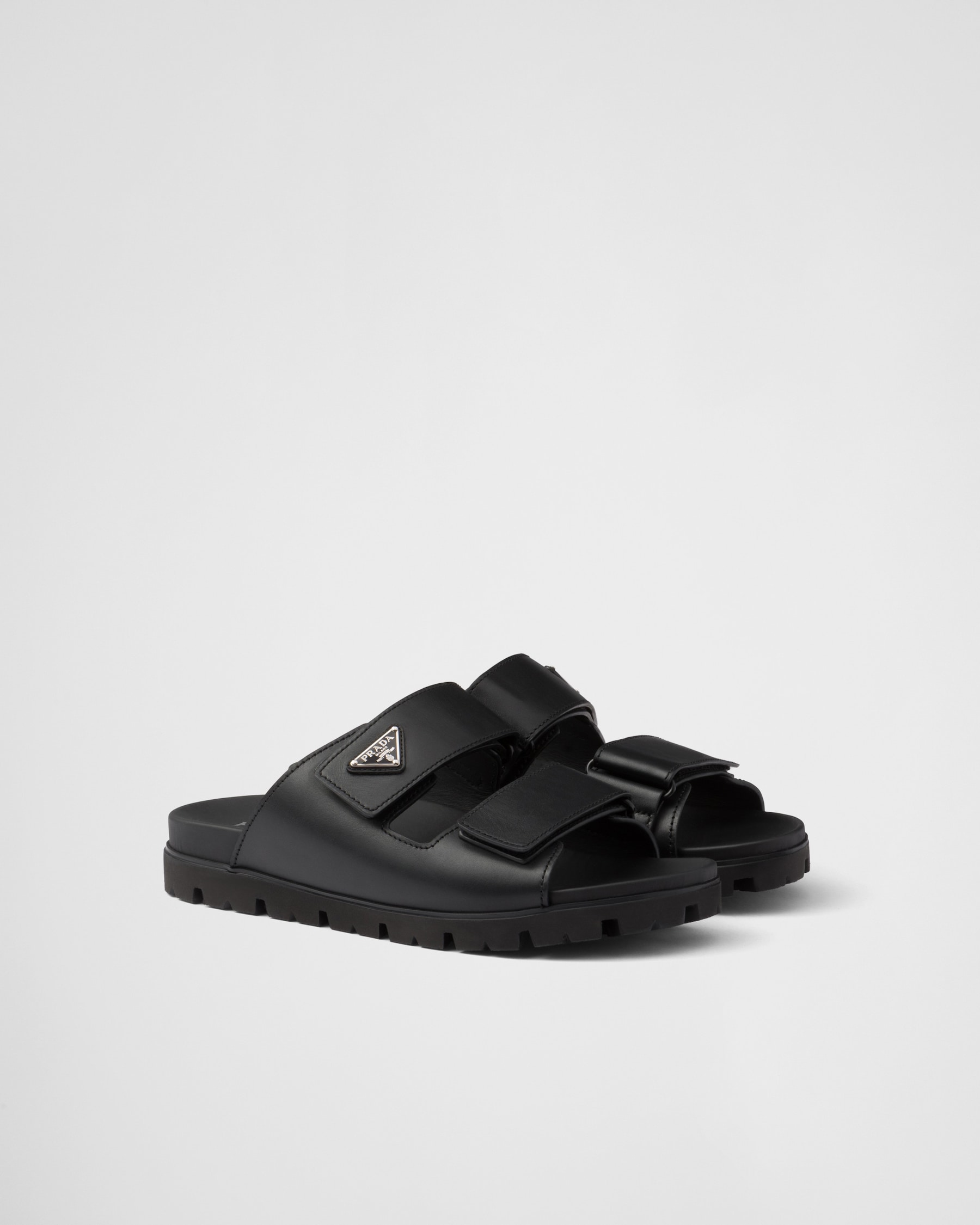 Black Leather Strap Slides | PRADA