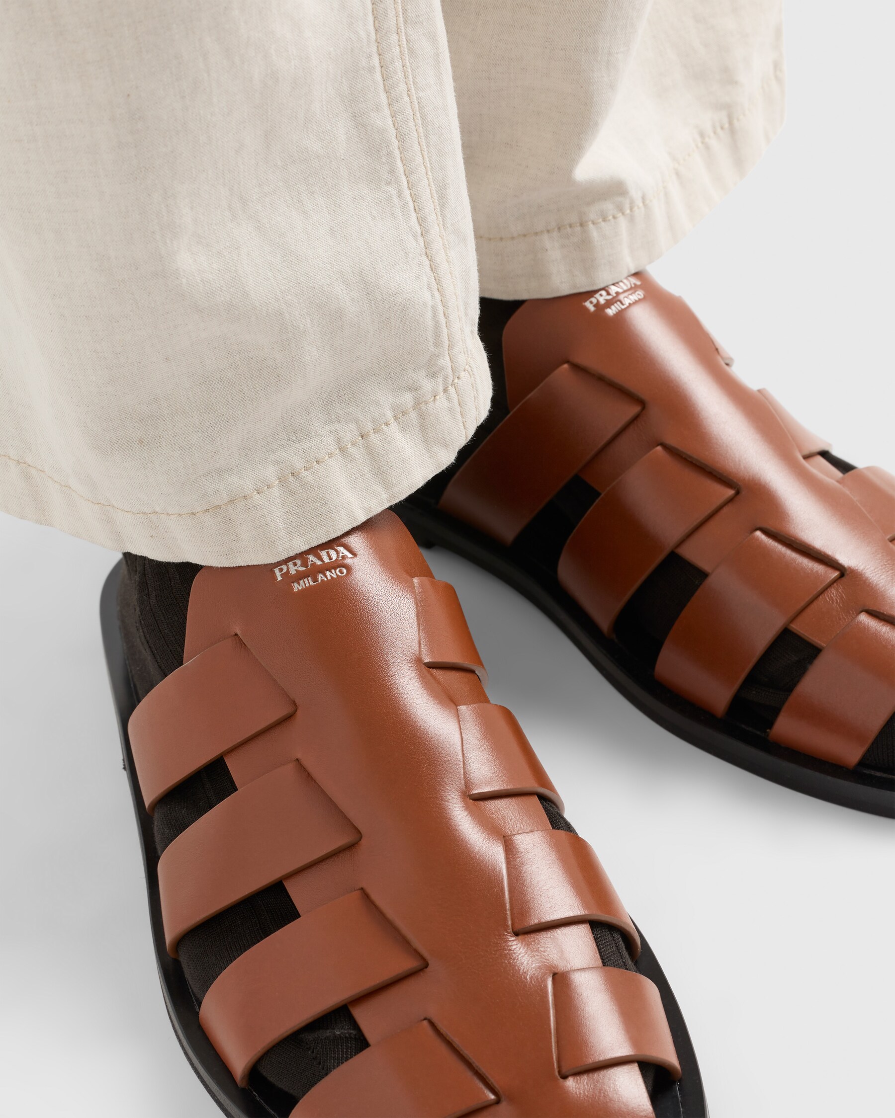 Cognac Leather Fisherman Mules | PRADA