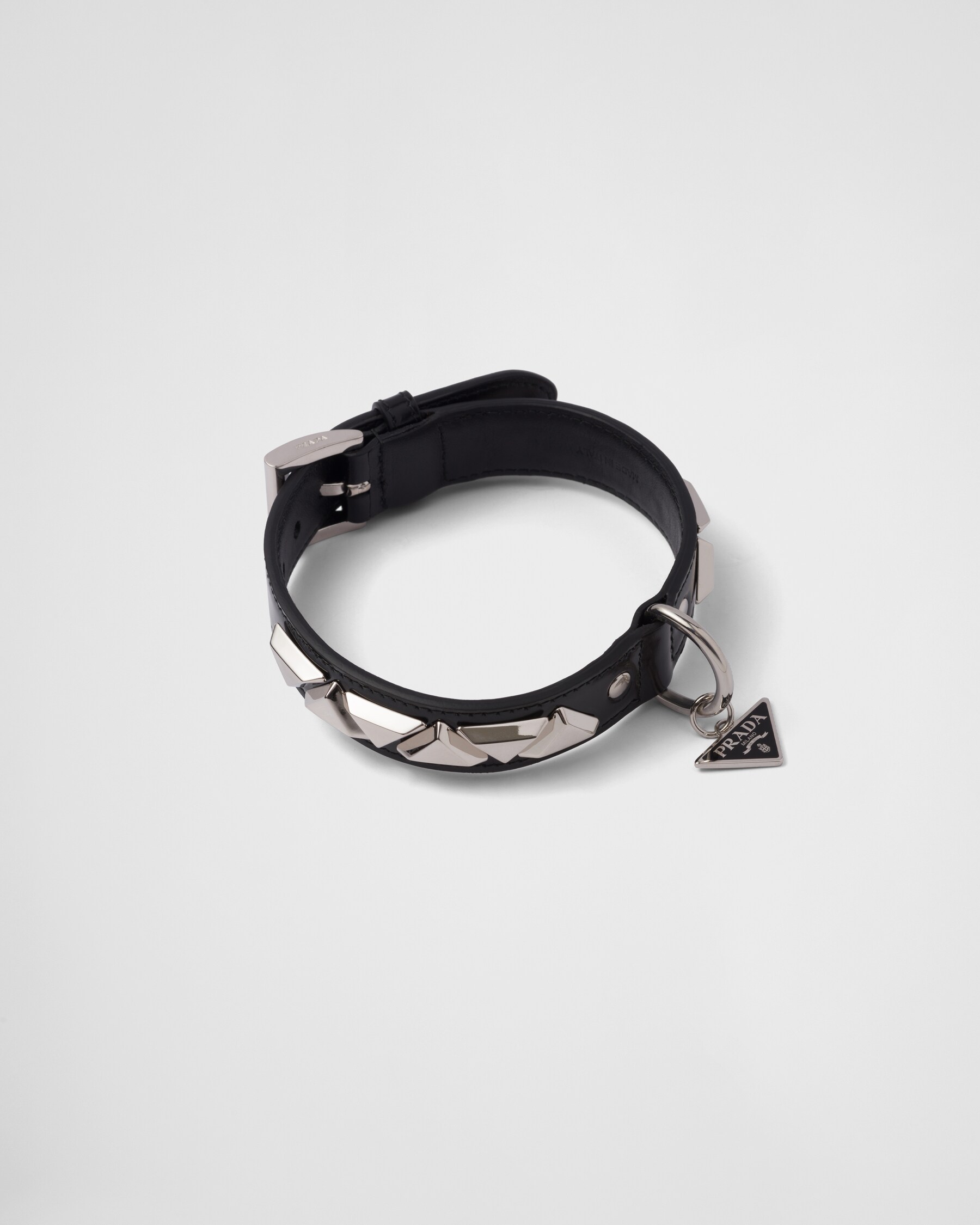 Black Studded Brushed Leather Pet Collar | PRADA