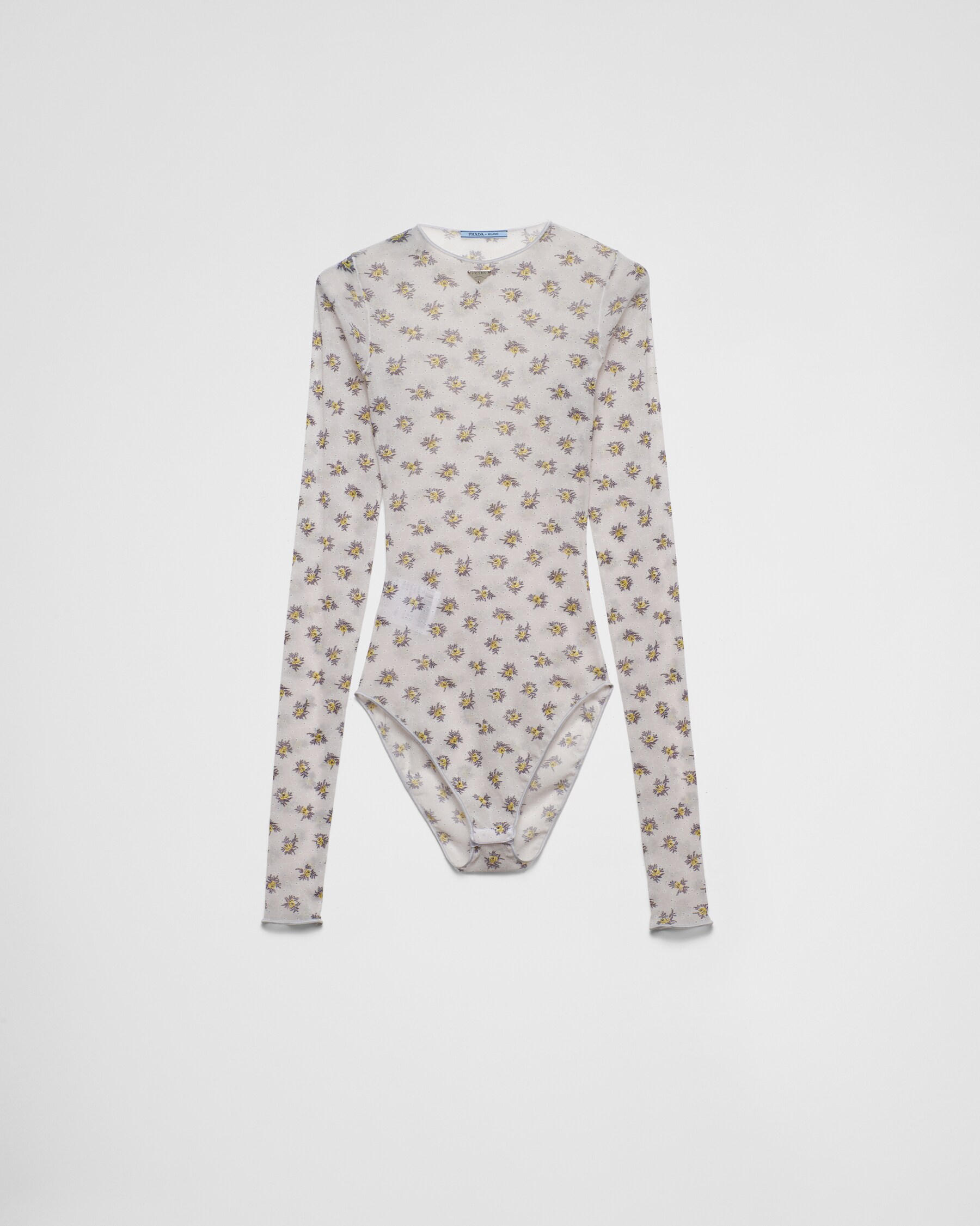 Yellow Printed Stretch Tulle Bodysuit | PRADA