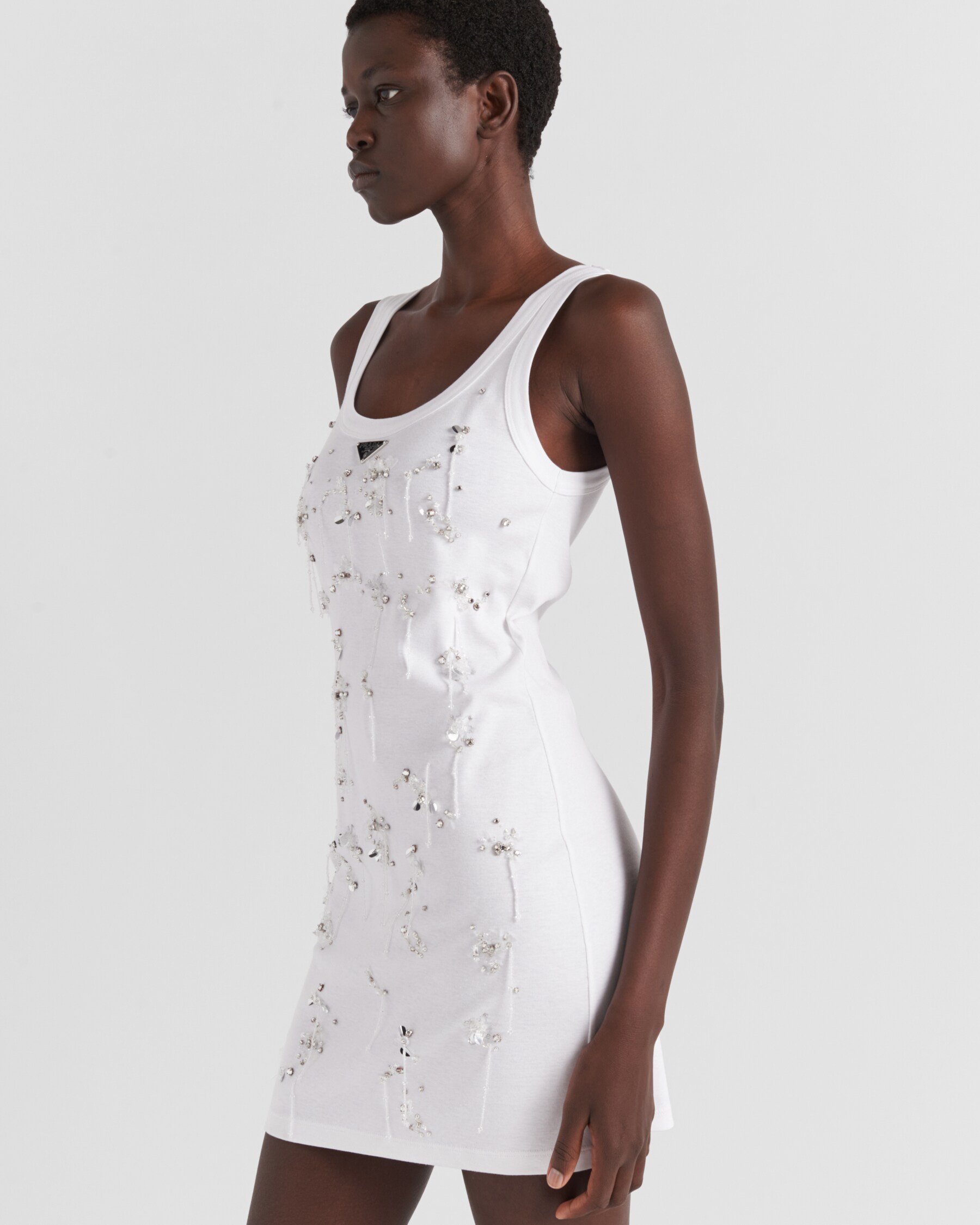 White Embroidered Ribbed Jersey Dress | PRADA
