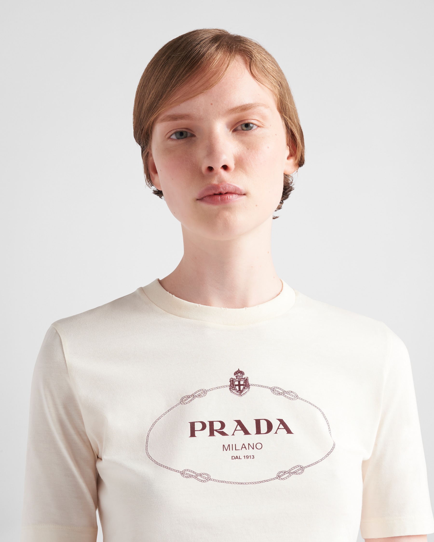 Ivory/garnet Printed Jersey T-shirt | PRADA