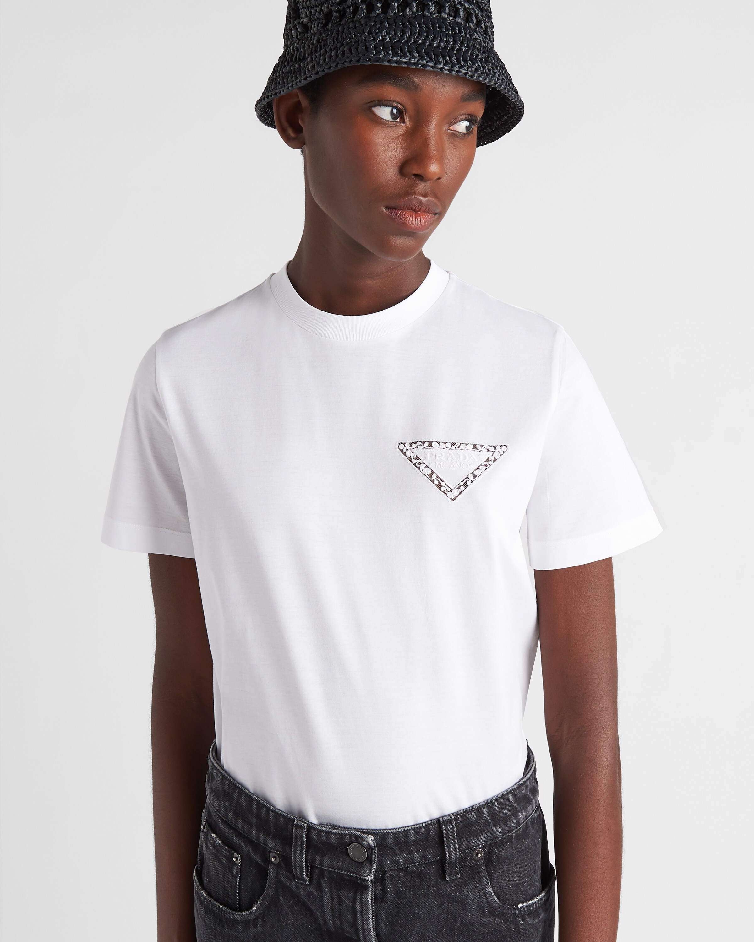 White Embroidered jersey T-shirt | Prada
