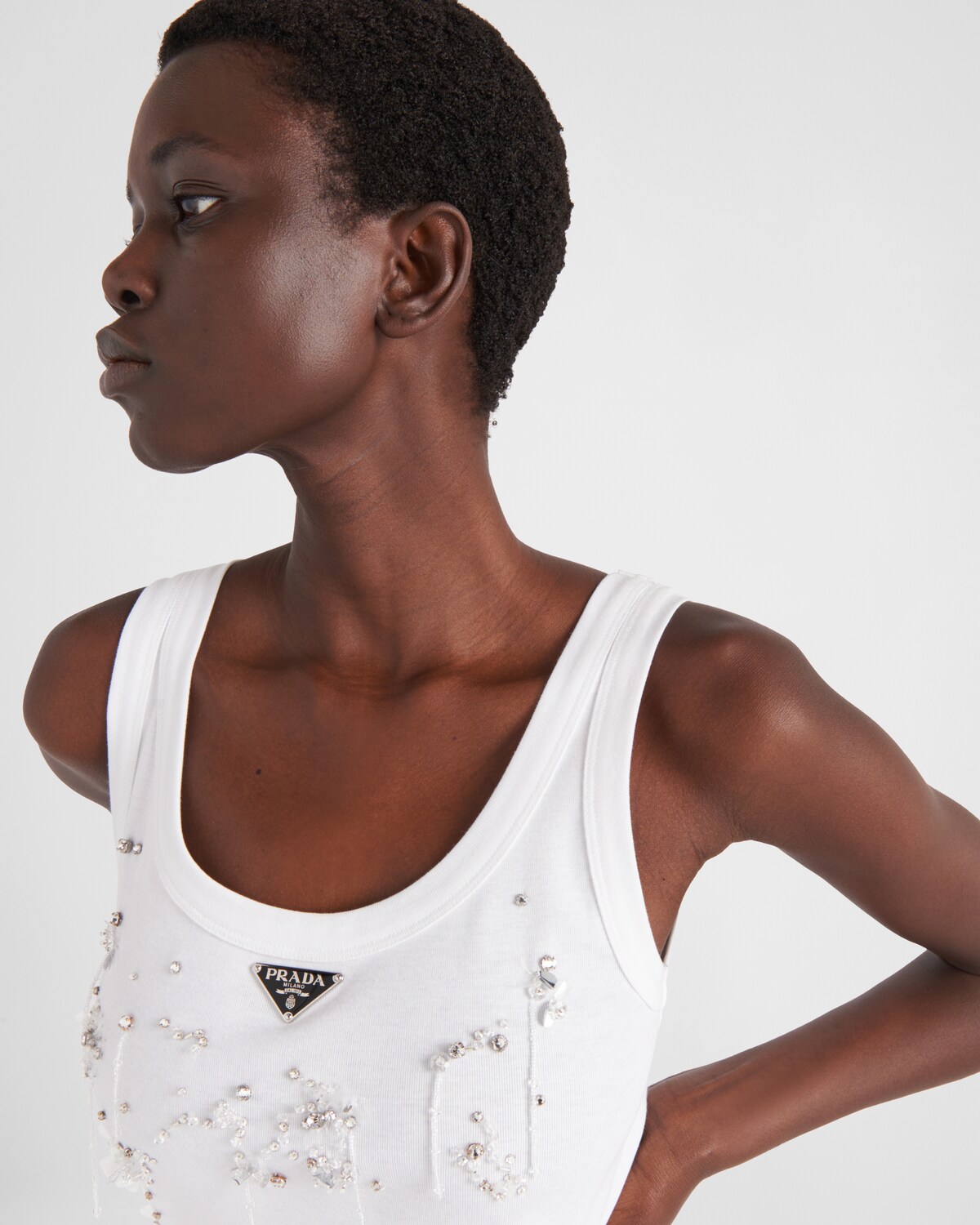 White Ribbed Knit Jersey Top With Embroidery | PRADA