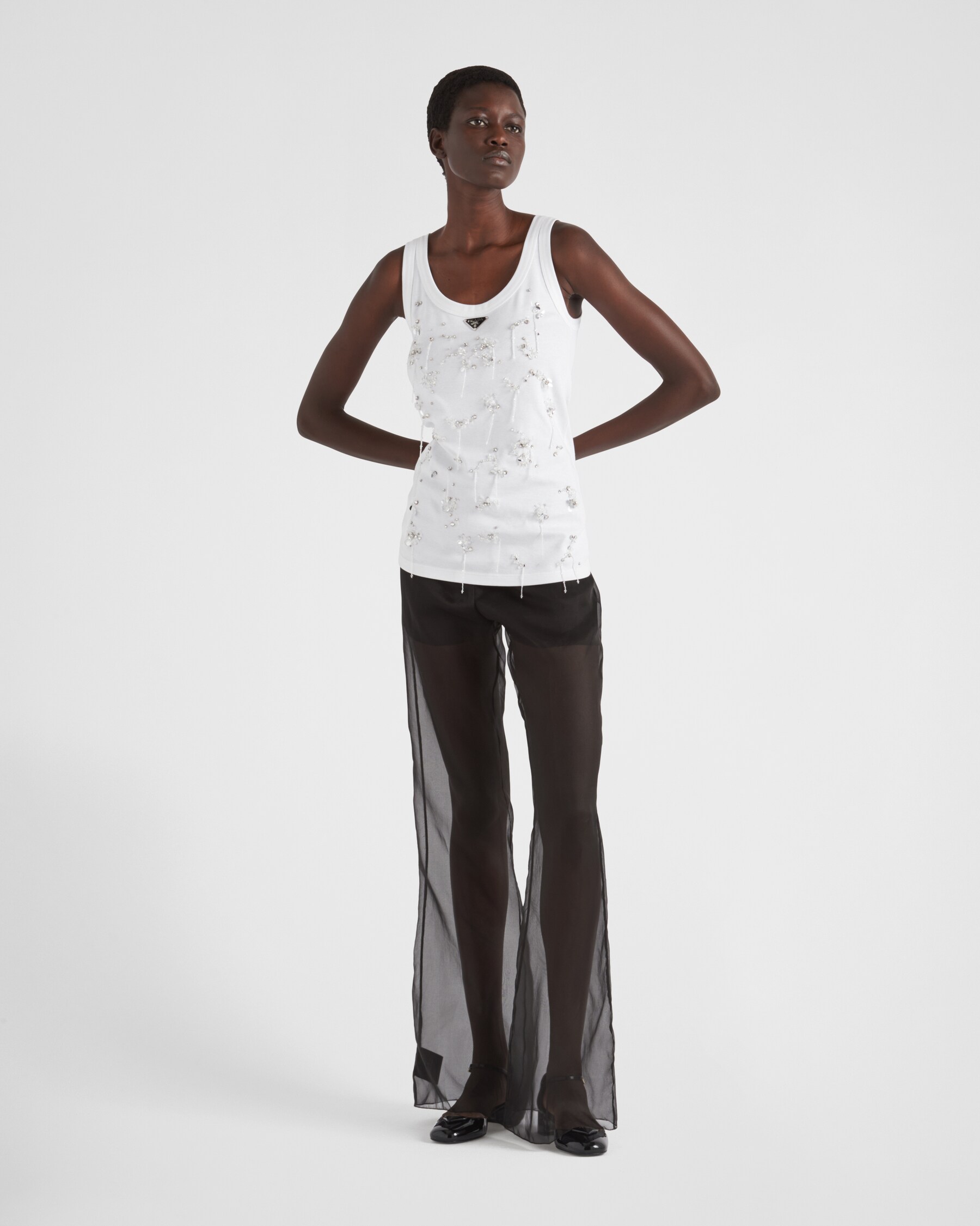 White Ribbed Knit Jersey Top With Embroidery | PRADA