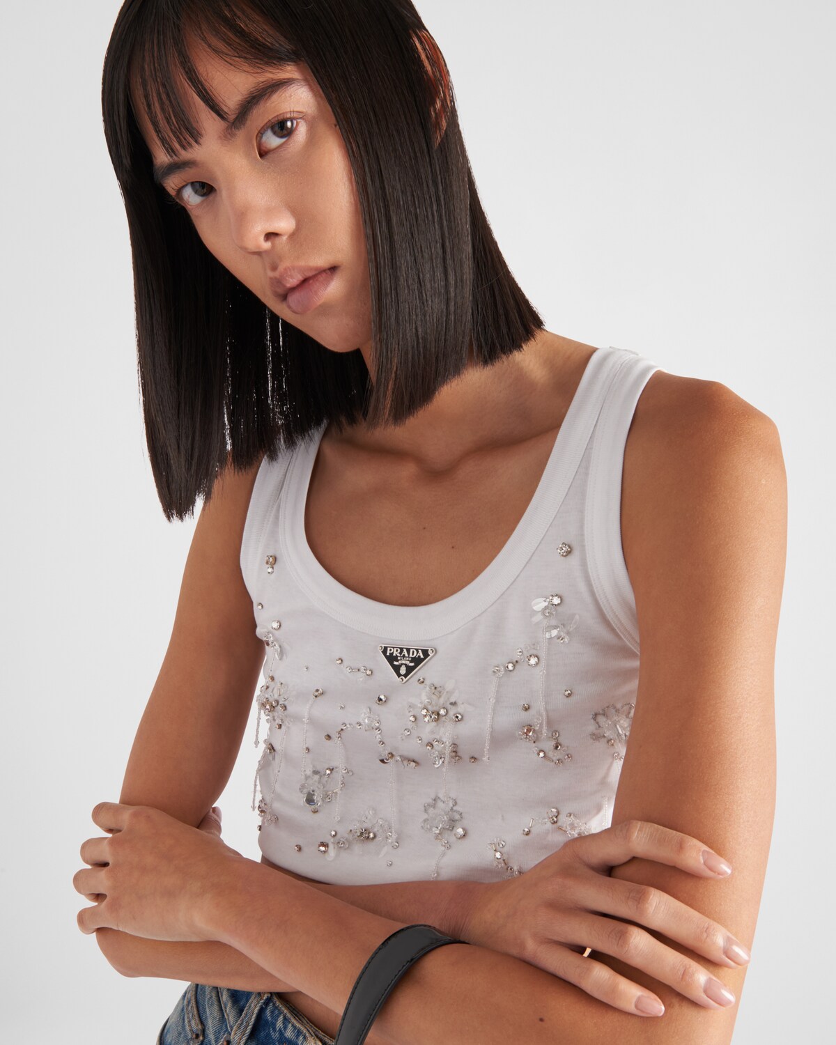 White Embroidered Ribbed Knit Jersey Top | PRADA