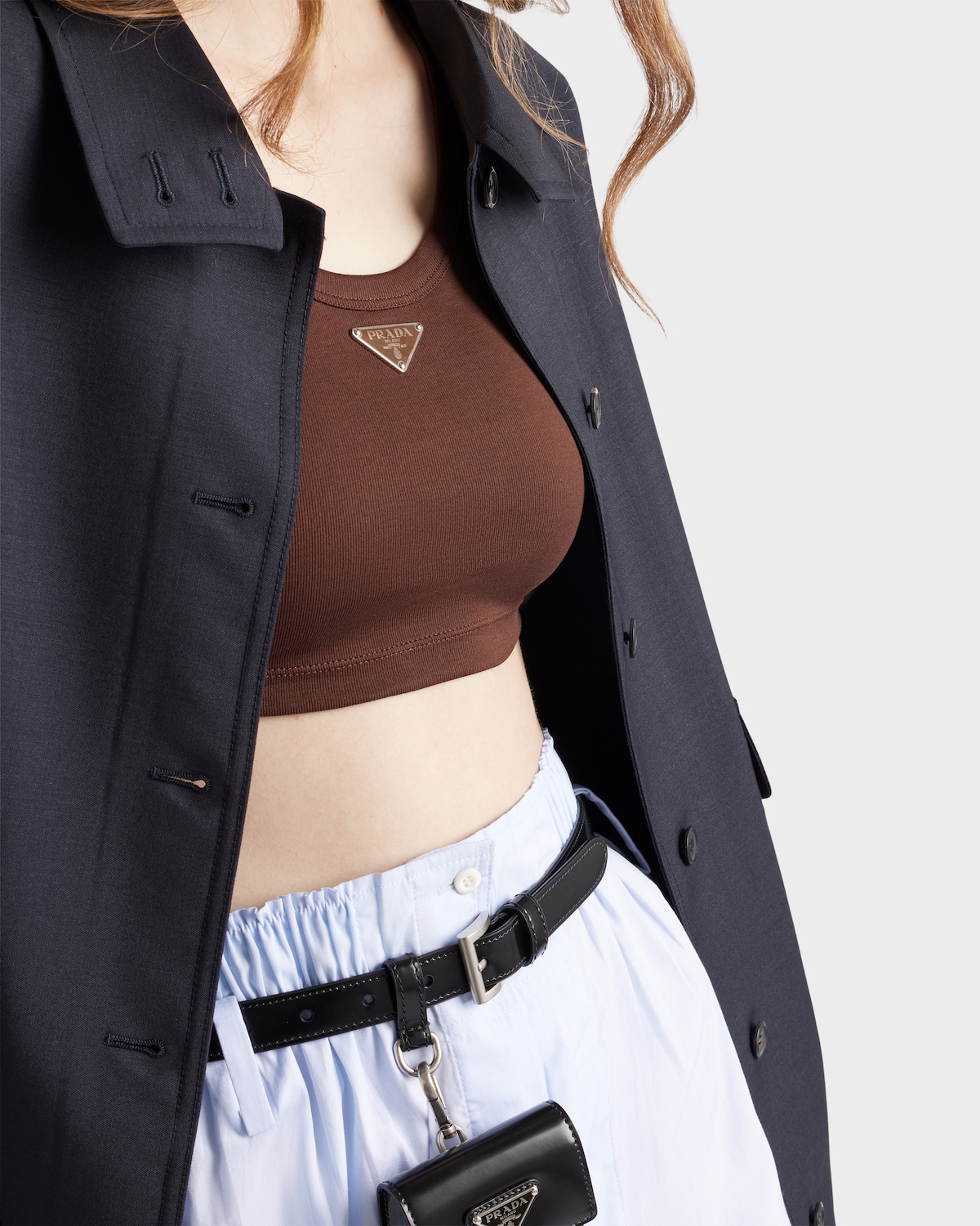 Cocoa Brown Ribbed Knit Crop Top | PRADA