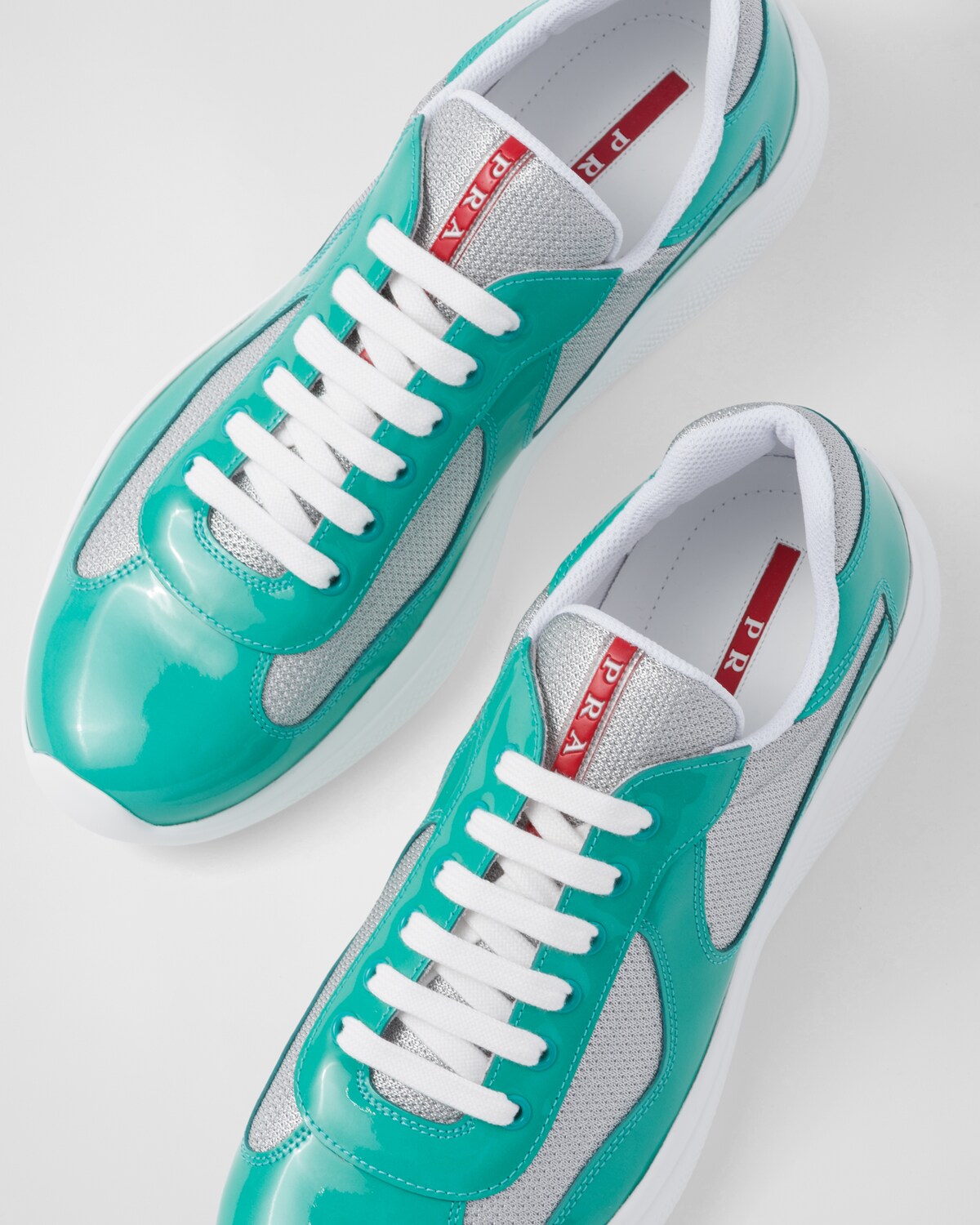 Jade/silver Prada America's Cup Patent Leather And Bike Fabric Sneakers | PRADA