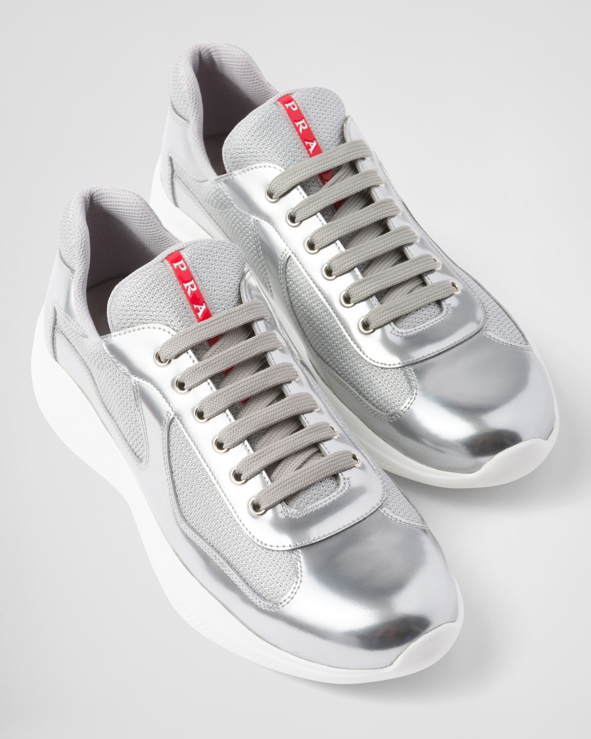 Silver Prada America's Cup Metallic Leather And Bike Fabric Sneakers | PRADA