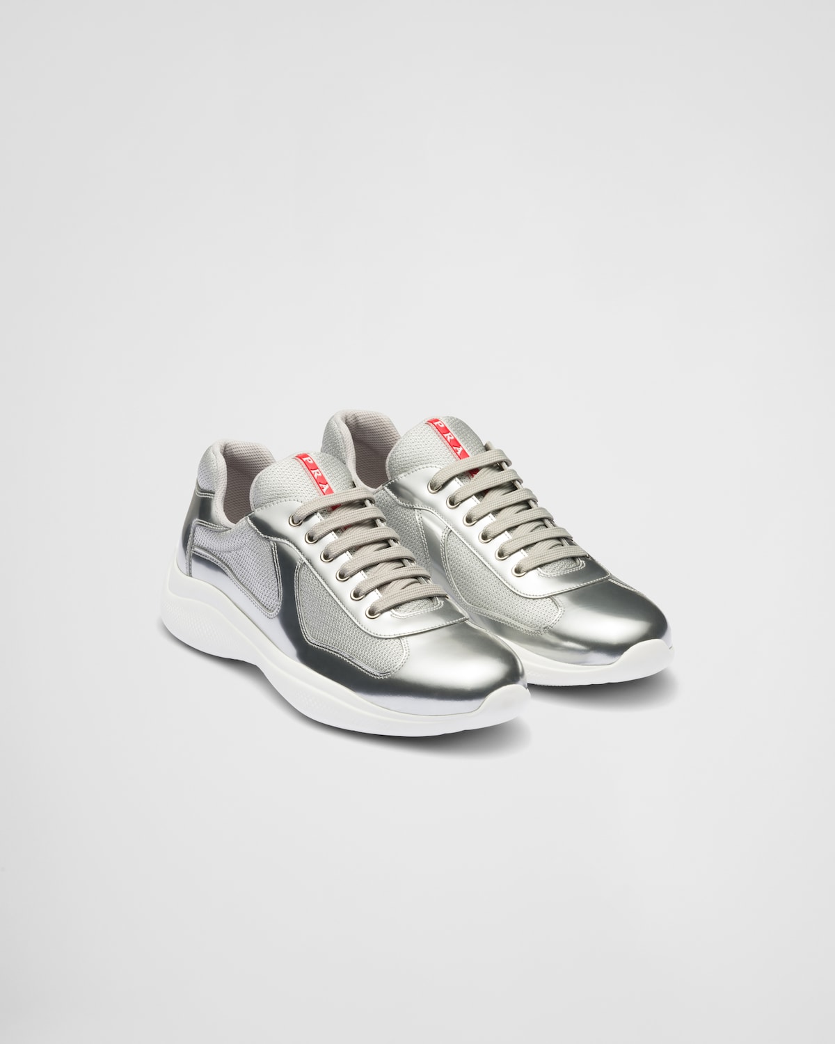 Silver Prada America's Cup Metallic Leather And Bike Fabric Sneakers | PRADA