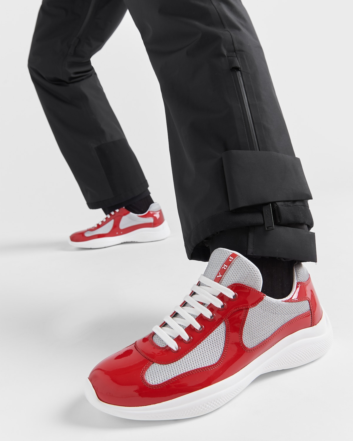 Red/silver Patent Leather And Technical Fabric Prada America's Cup Sneakers | PRADA