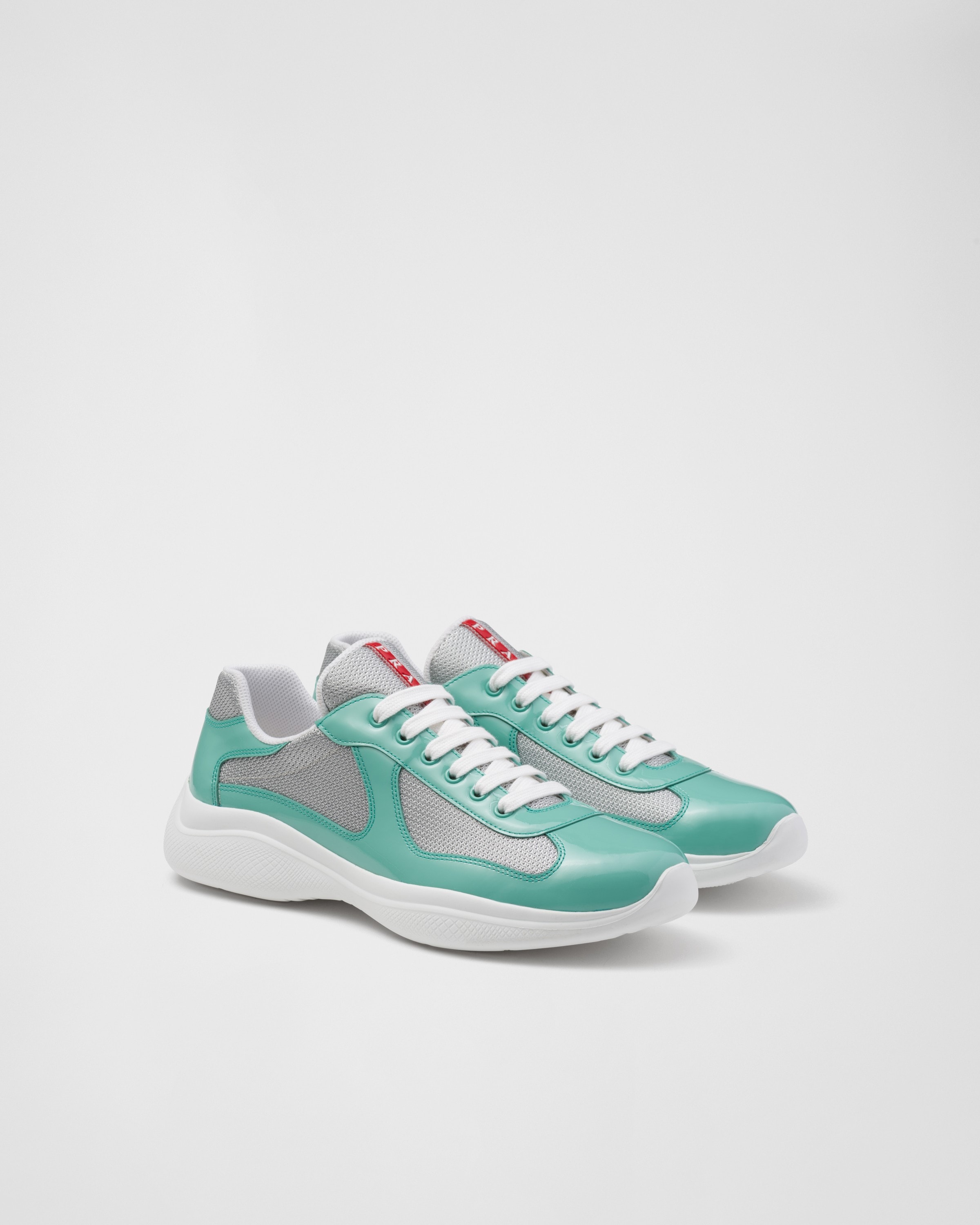 Sneakers Prada America’s Cup En Cuir Verni Et Tissu Technique Jade/argent | PRADA