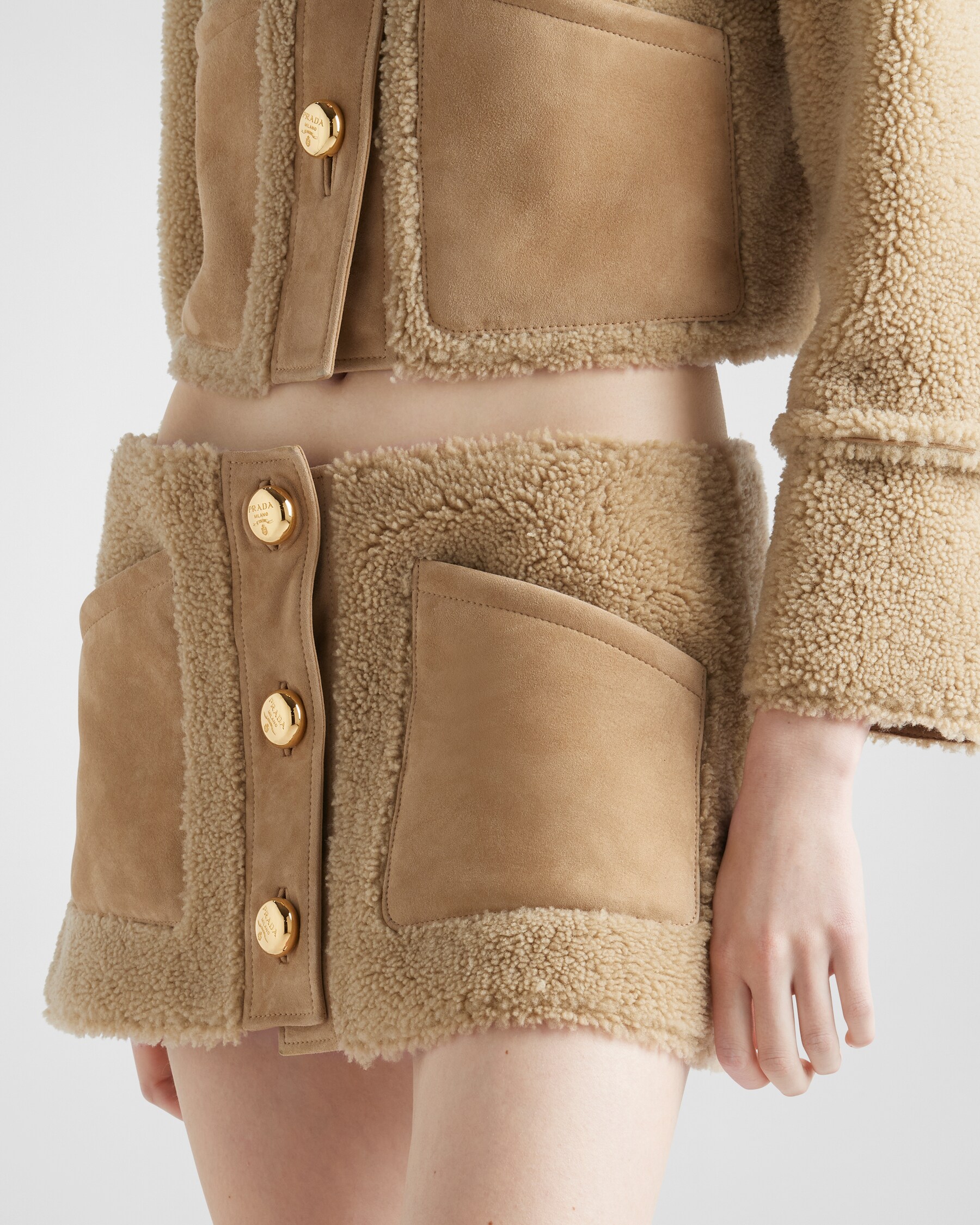 Camel Brown Shearling Skirt | PRADA