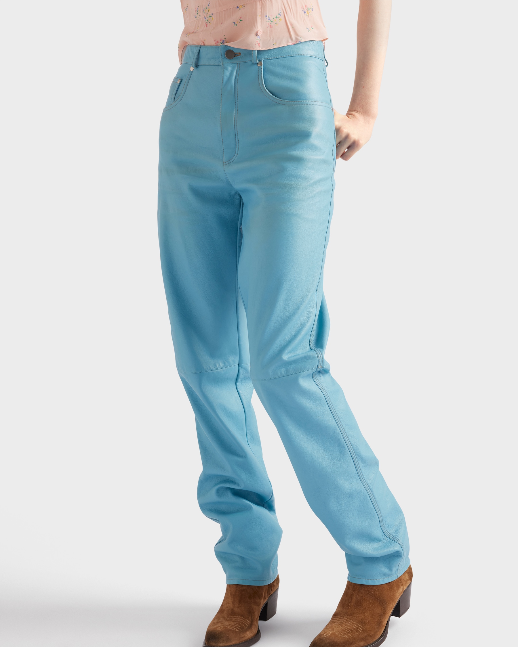 Sea Blue Five-pocket Nappa Leather Pants | PRADA
