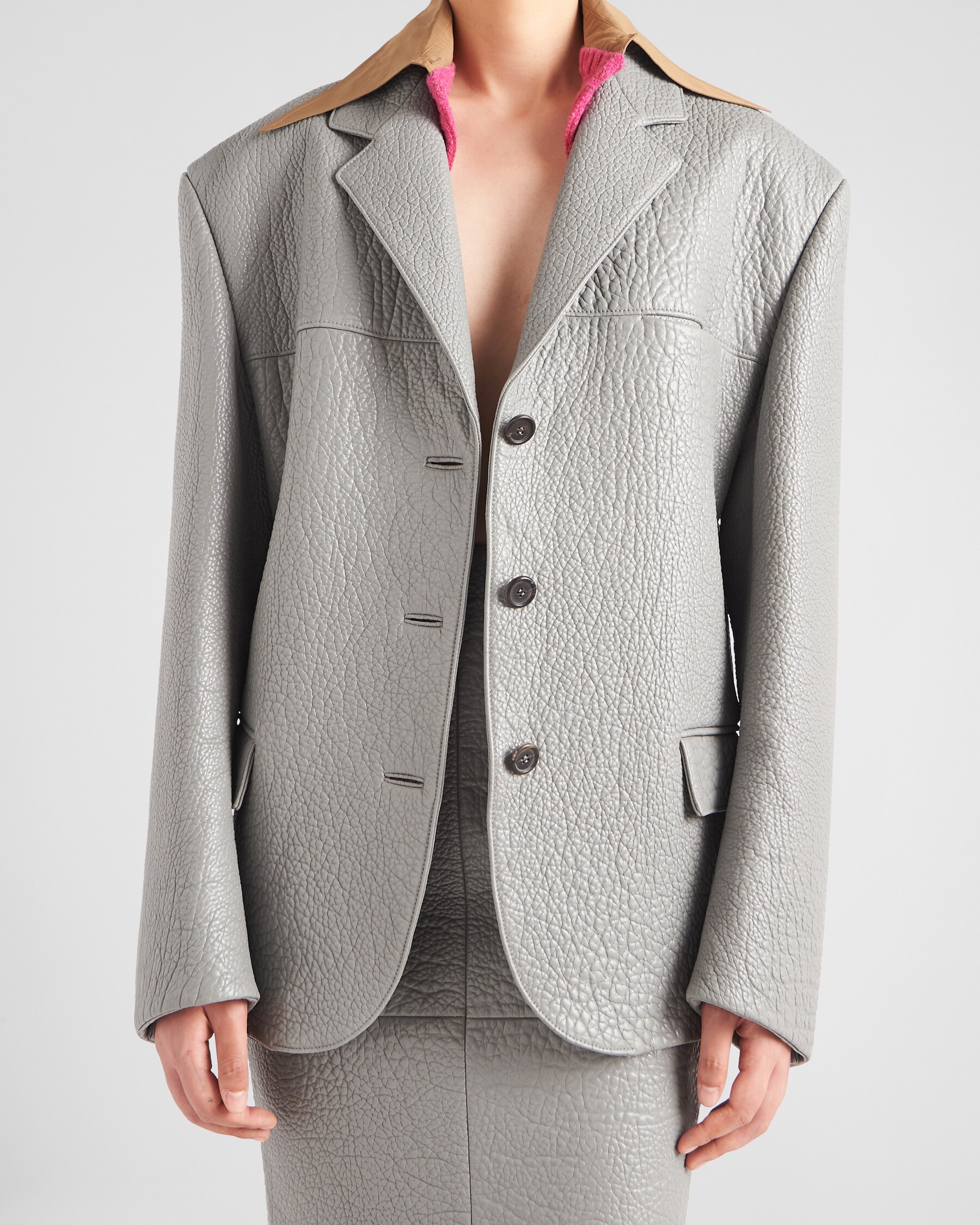 Cloudy Gray Single-breasted Nappa Leather Jacket | PRADA