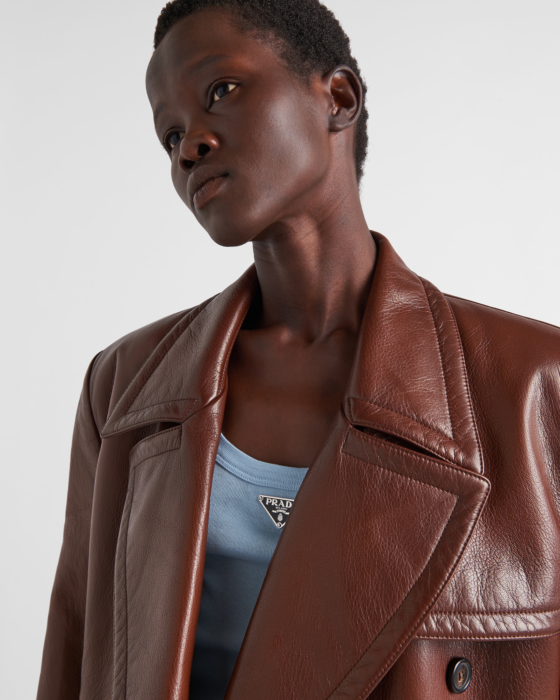 Tobacco Double-breasted Leather Jacket | PRADA