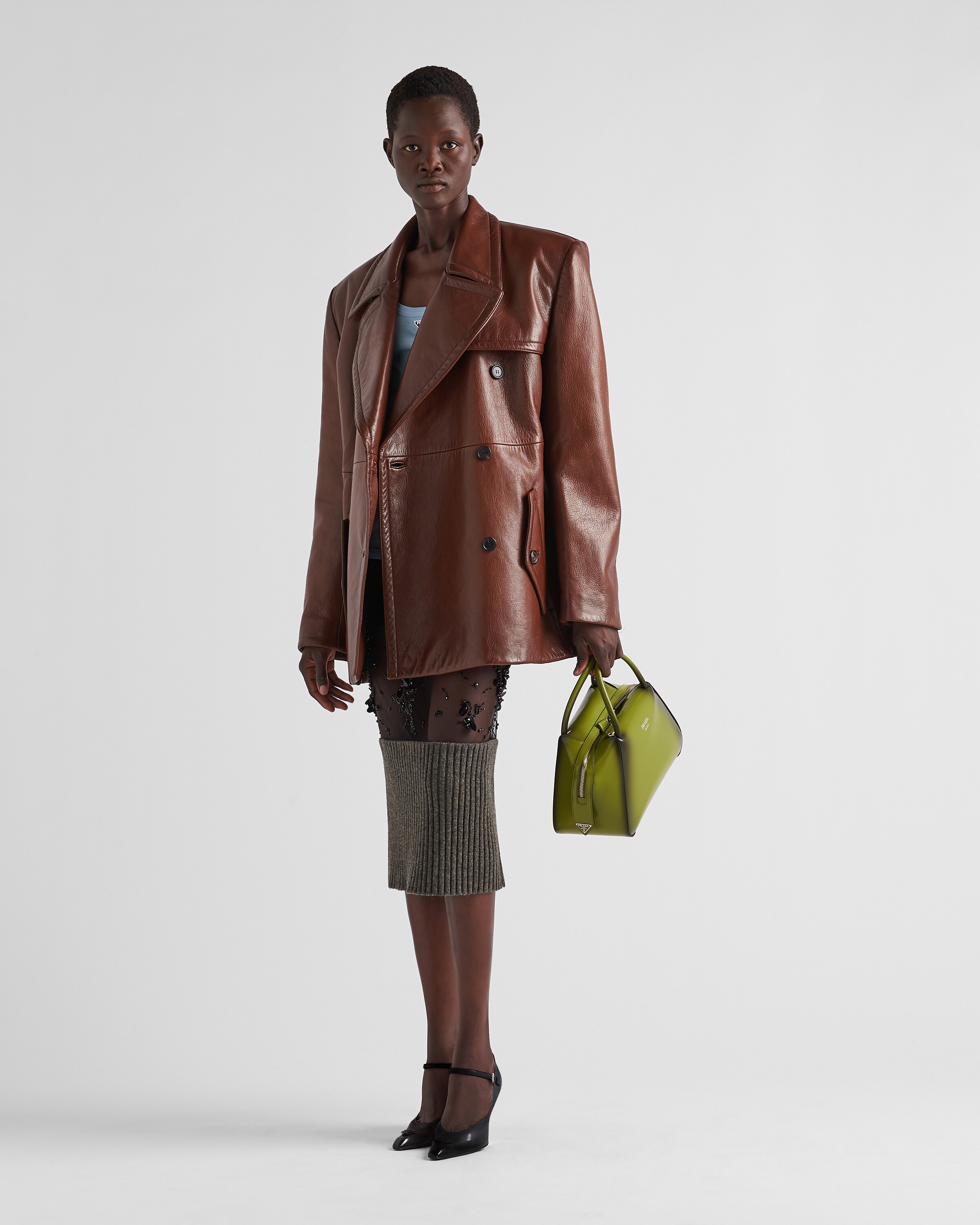 Tobacco Double-breasted Leather Jacket | PRADA