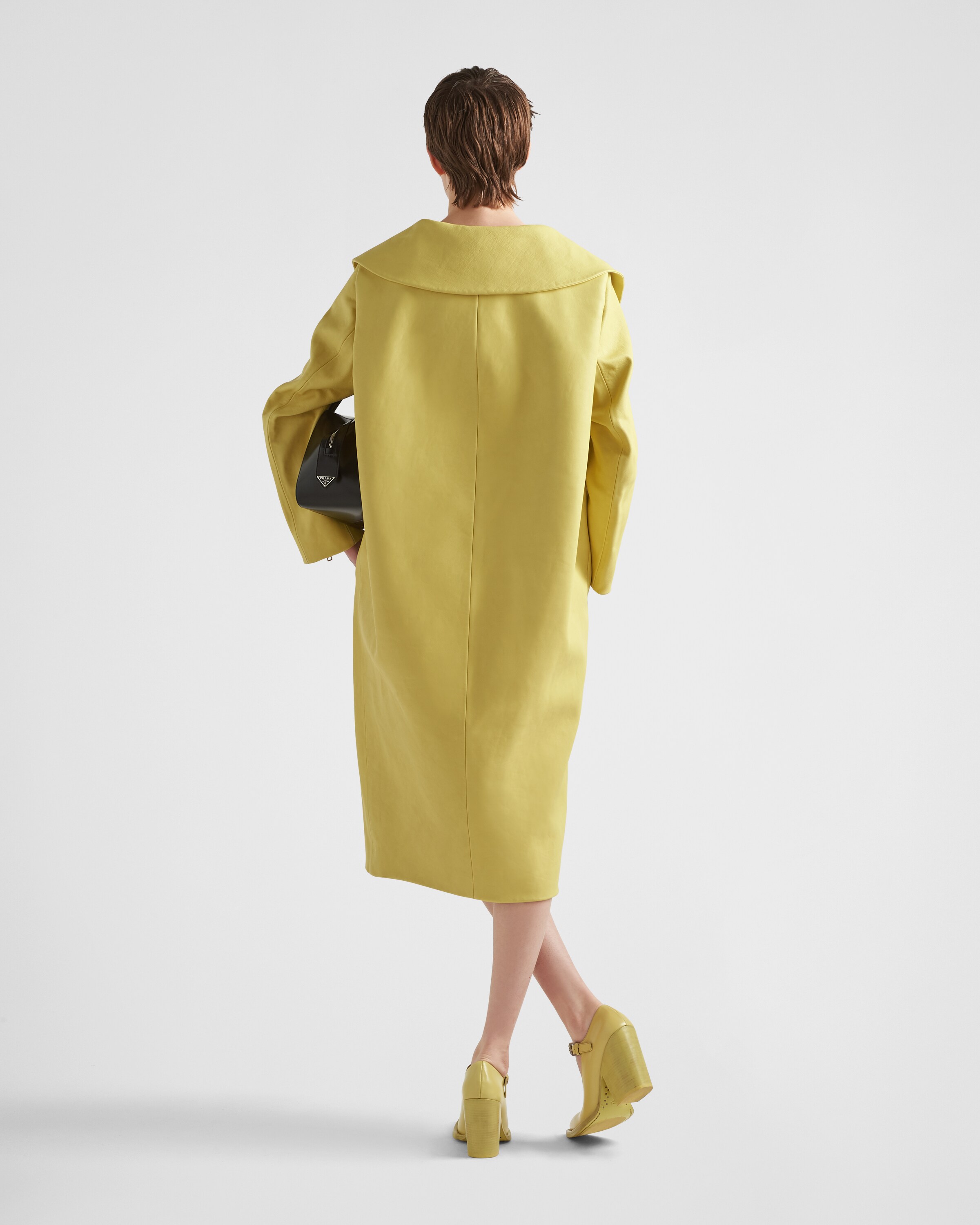 Citron Yellow Leather Coat With Wide Collar | PRADA