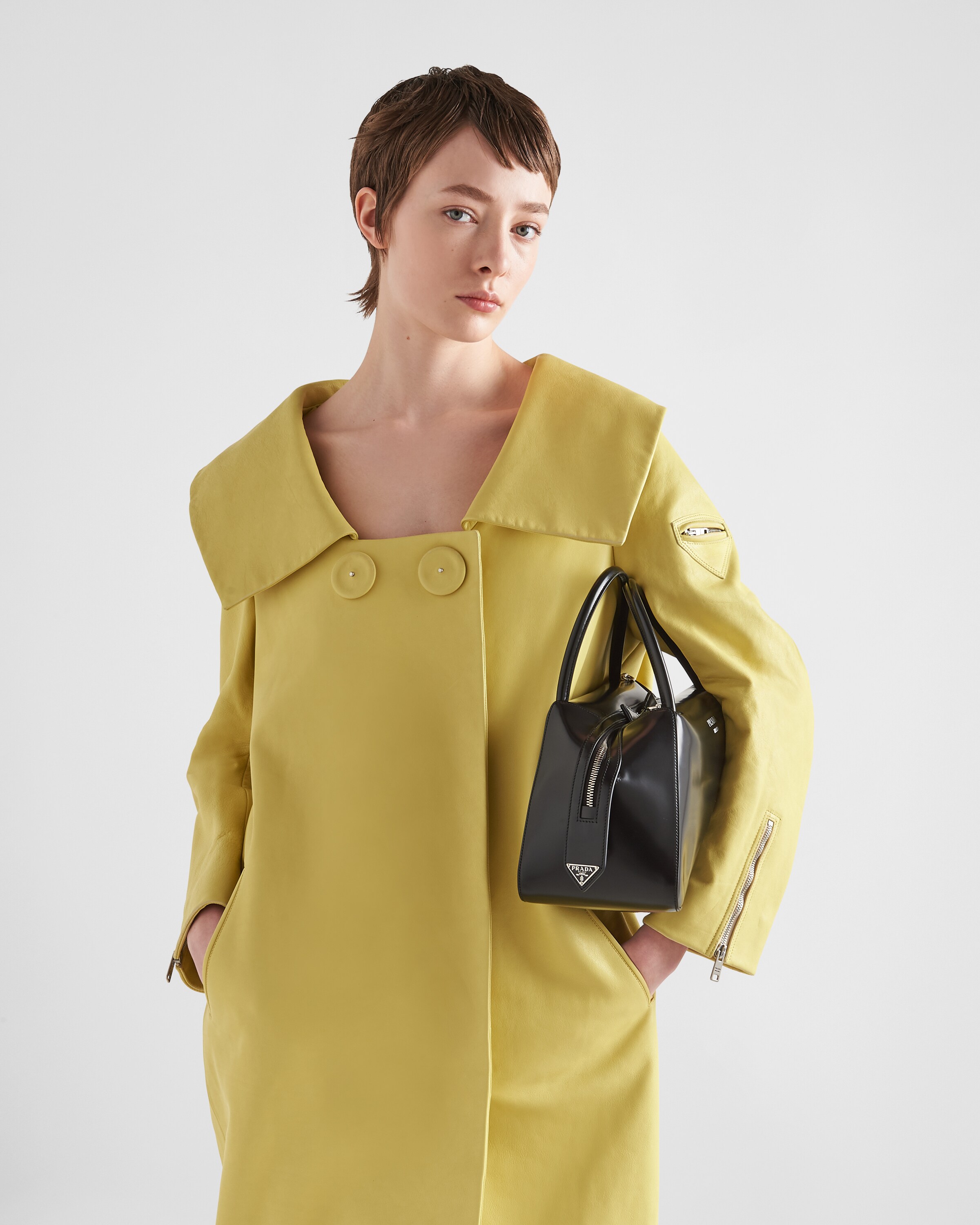 Citron Yellow Leather Coat With Wide Collar | PRADA