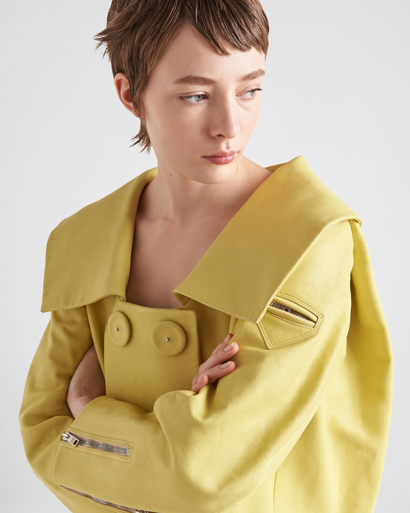 Citron Yellow Leather Coat With Wide Collar | PRADA