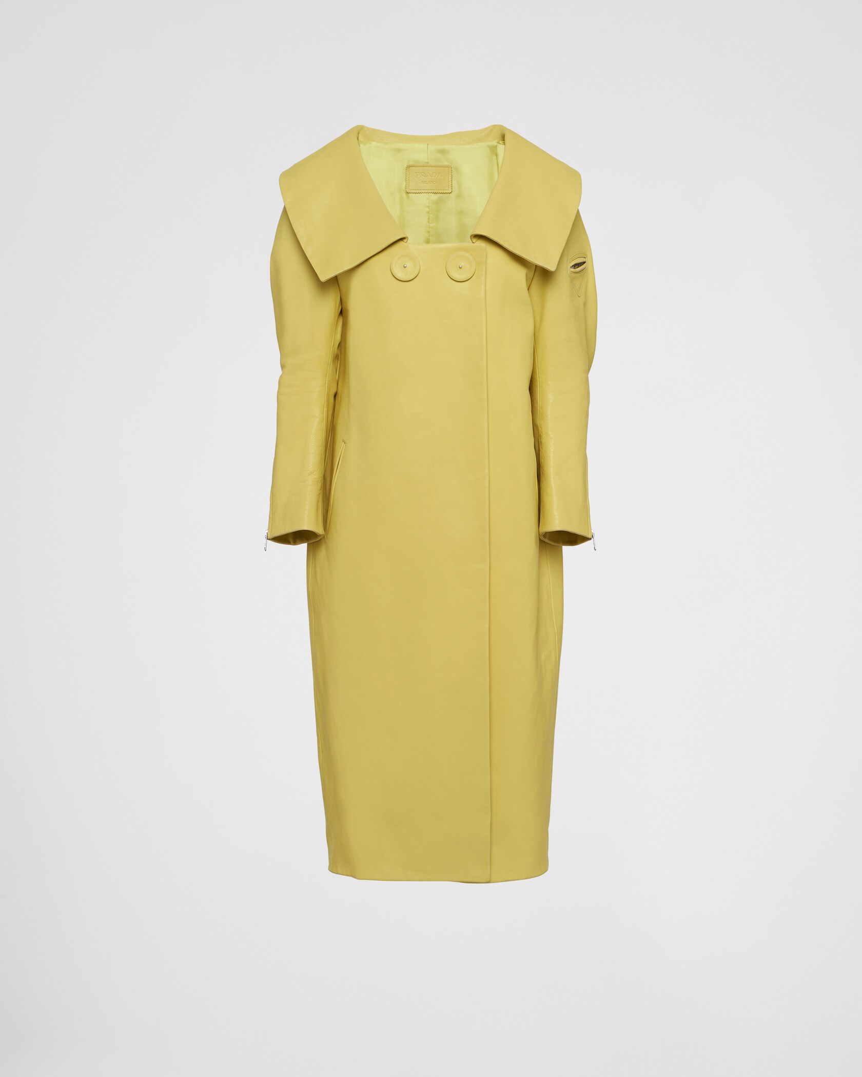 Citron Yellow Leather Coat With Wide Collar | PRADA