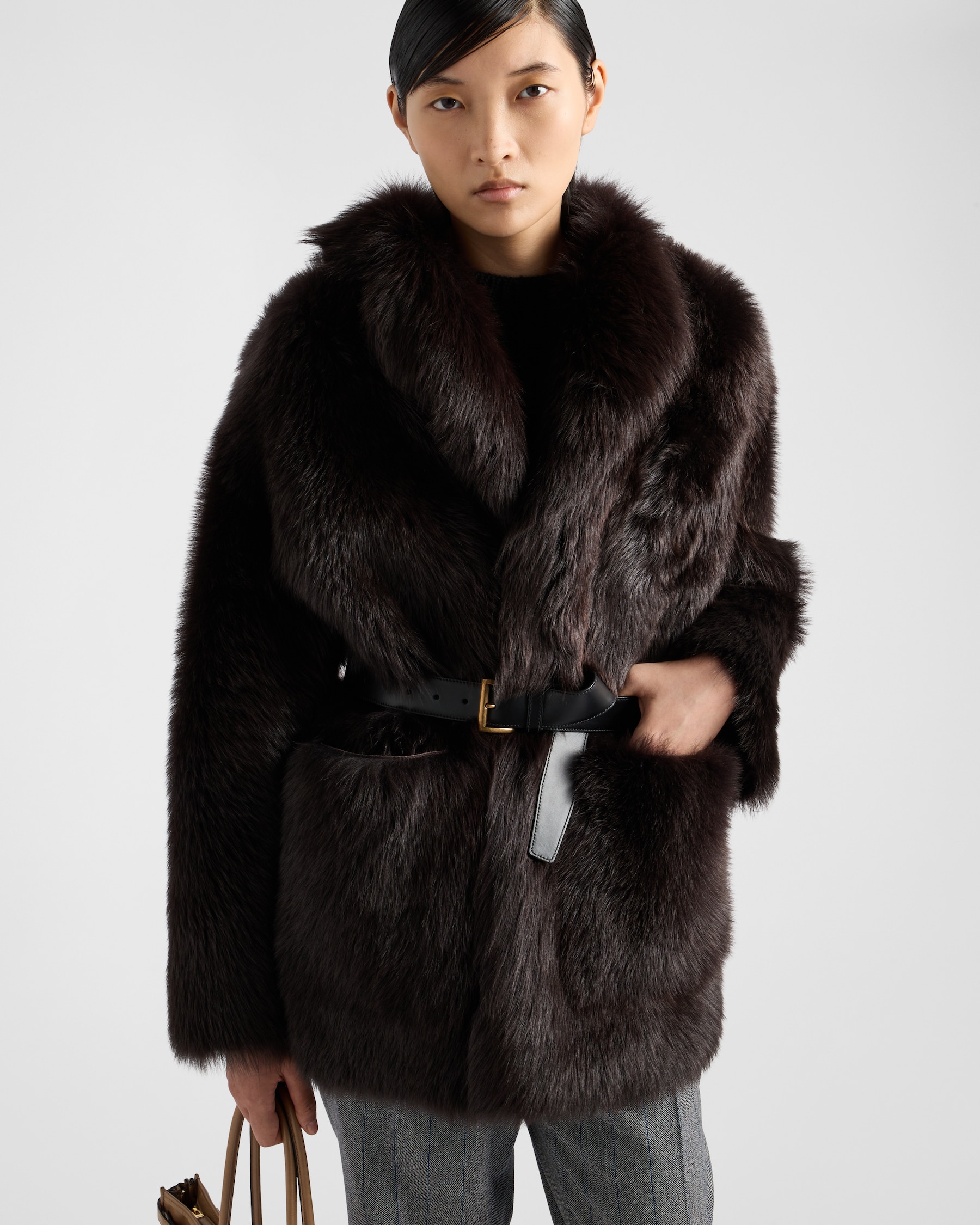 Dark Brown Belted Shearling Caban Jacket | PRADA