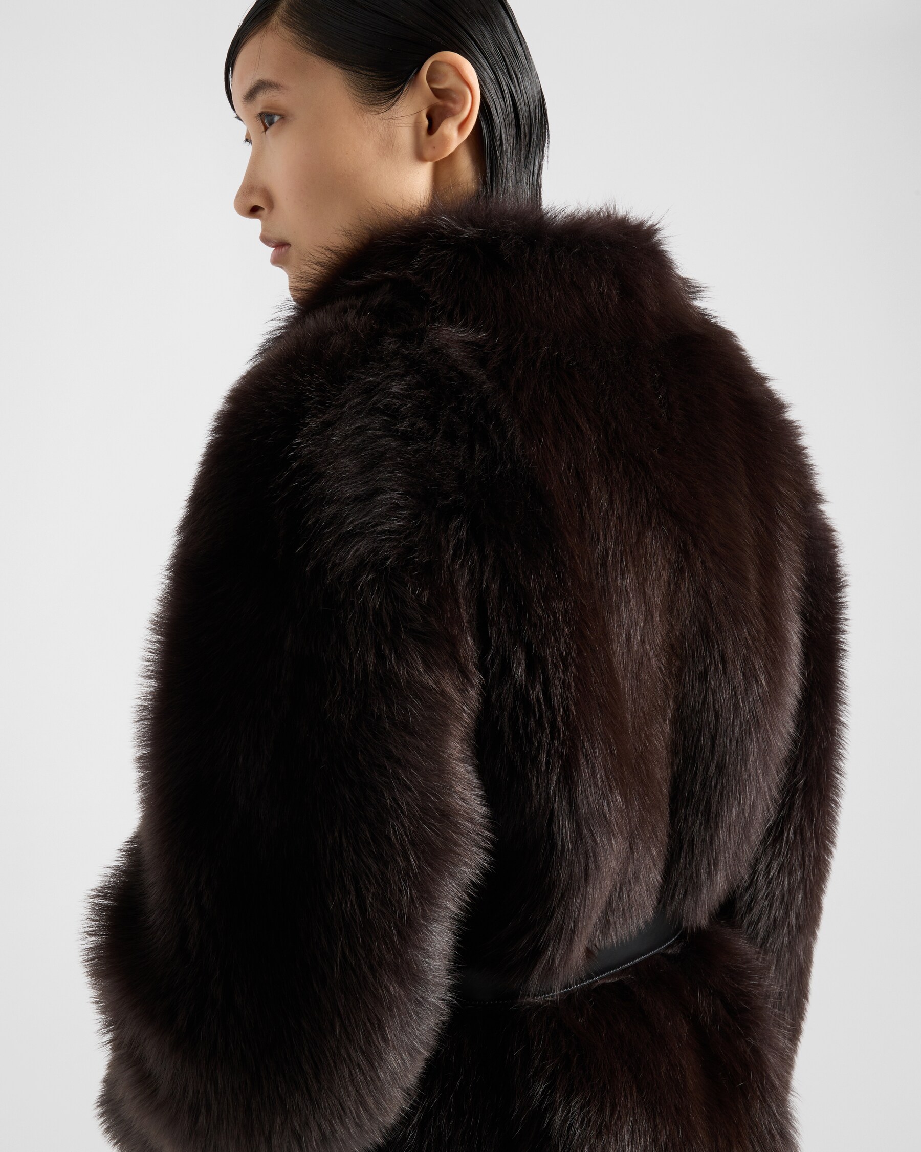 Dark Brown Belted Shearling Caban Jacket | PRADA