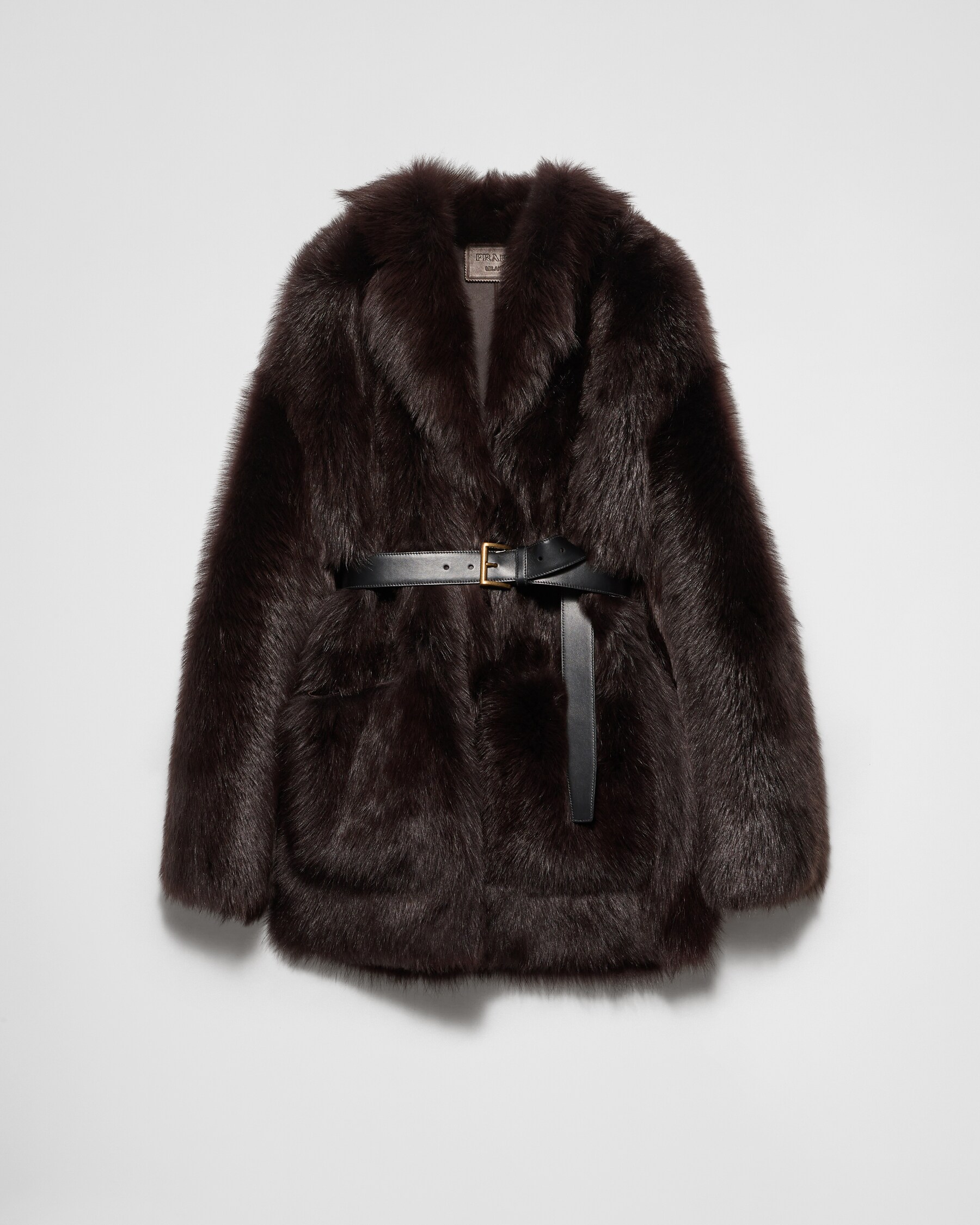Dark Brown Belted Shearling Caban Jacket | PRADA