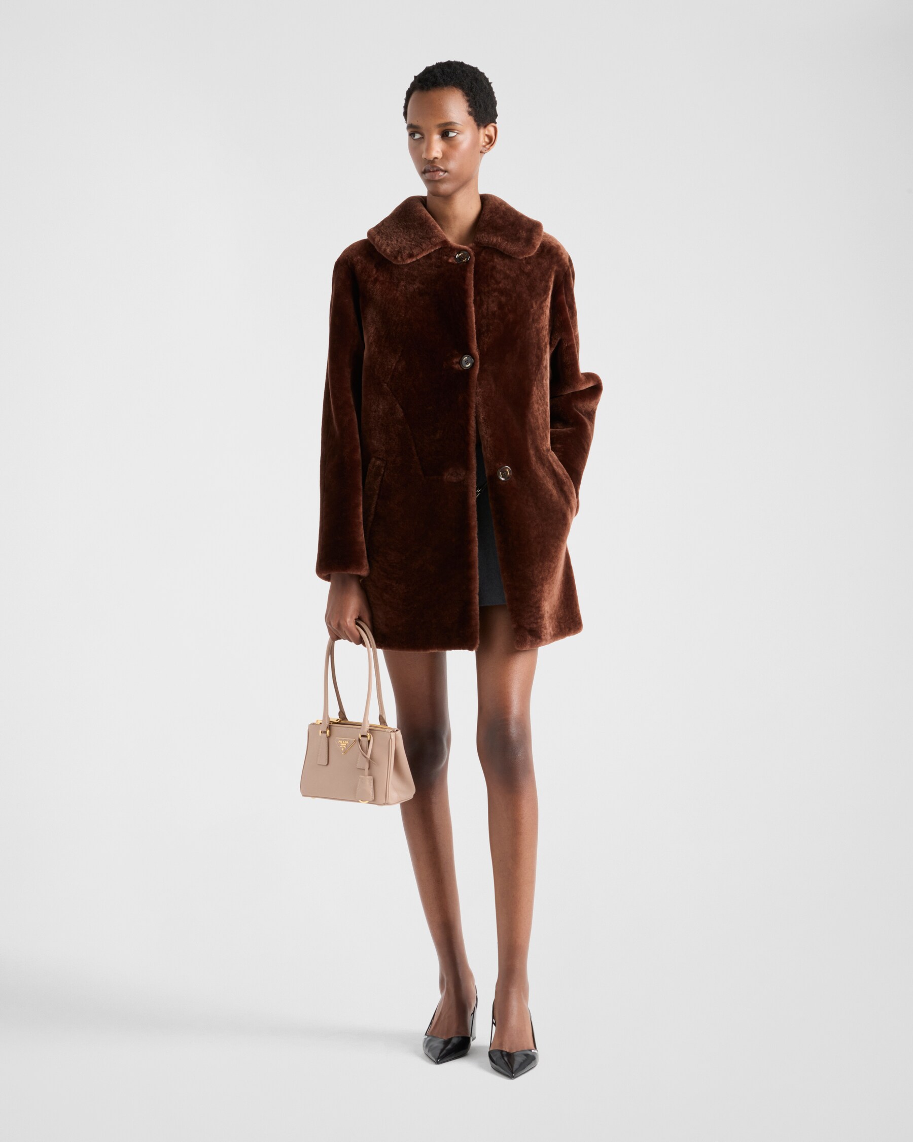 Cocoa Brown Shearling Caban Jacket | PRADA
