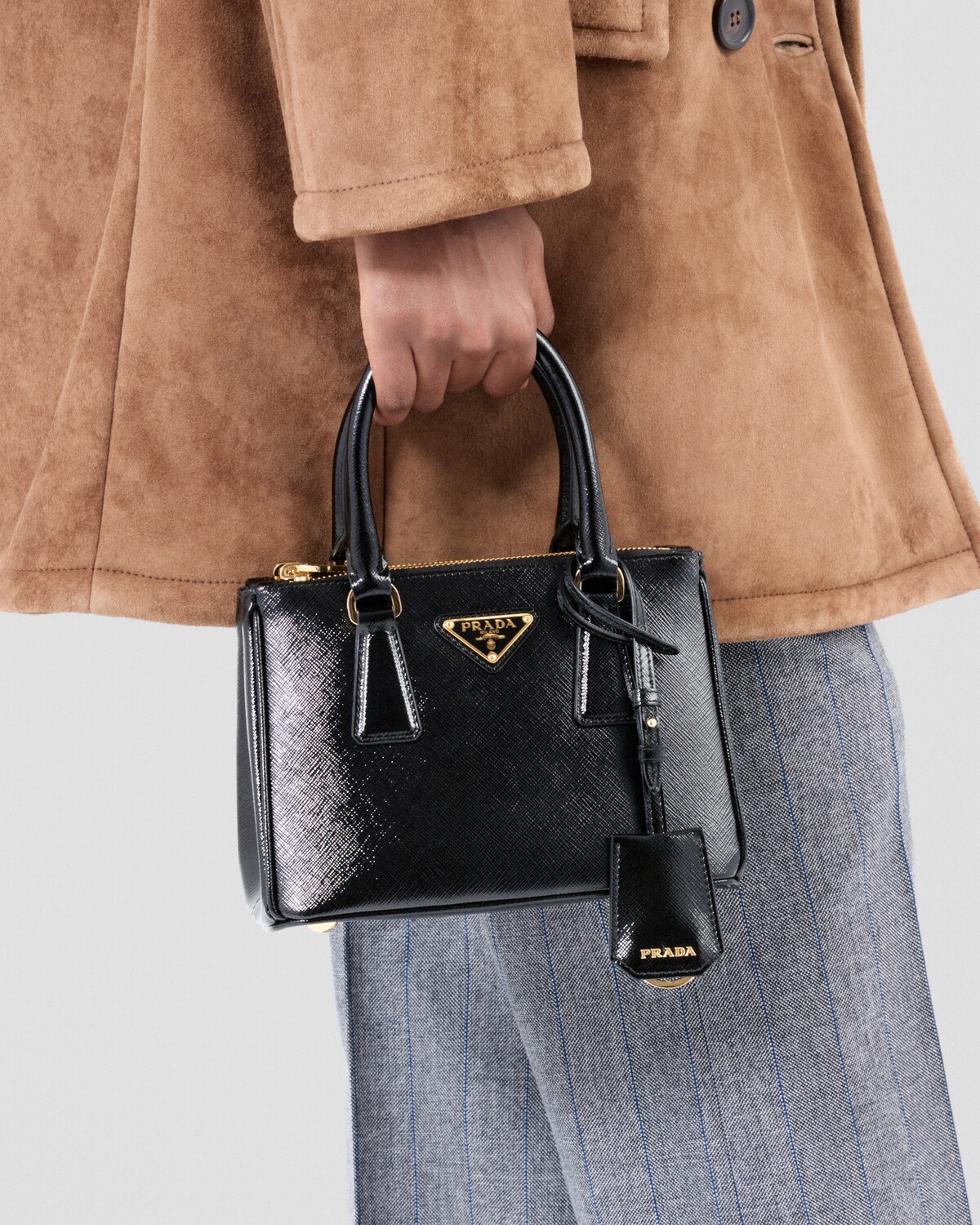 Camel Brown Double-breasted Shearling Coat | PRADA