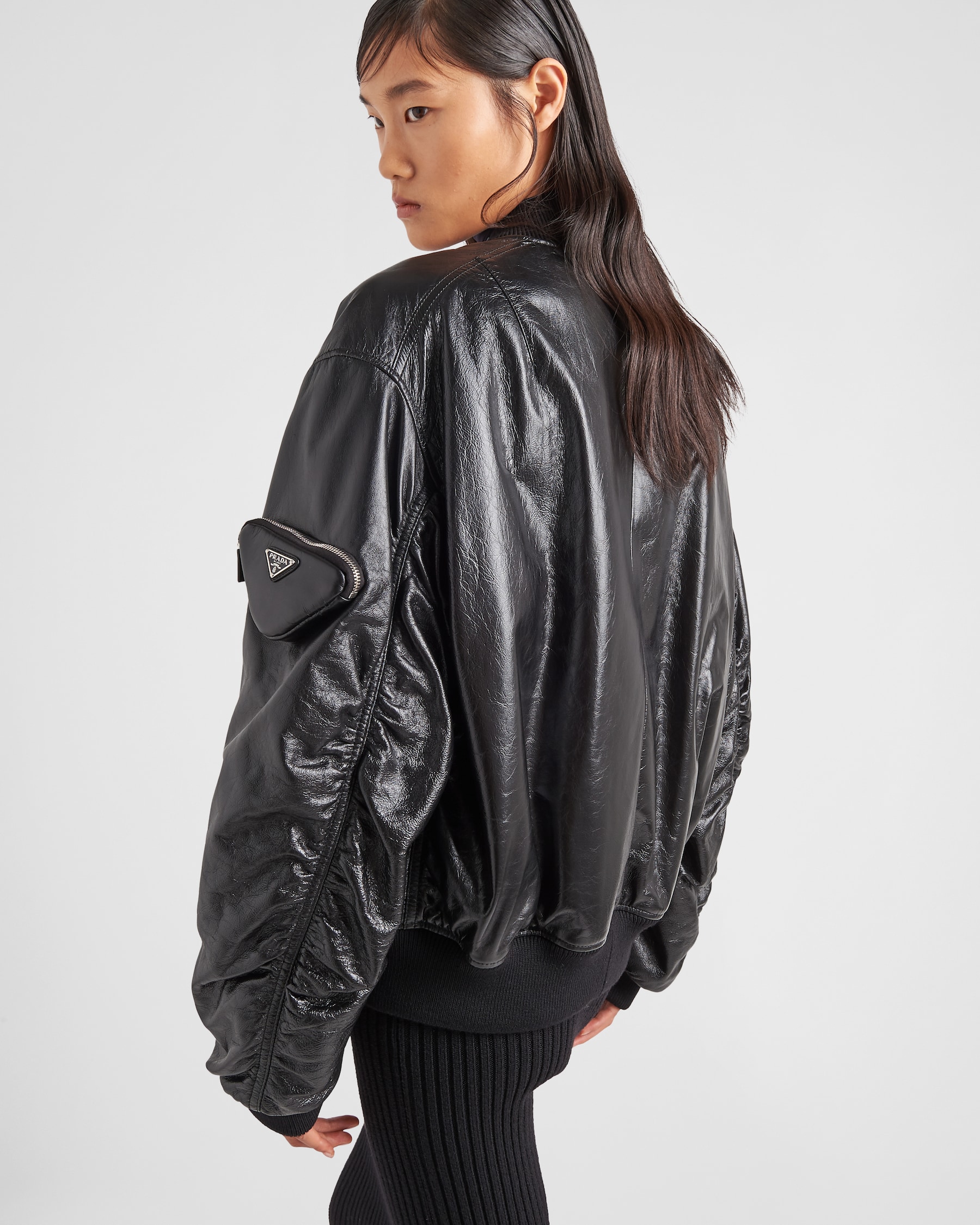 Black Oversized Nappa Leather Bomber Jacket | PRADA